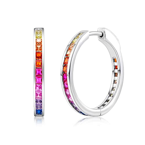 WES 925 Sterling Silver Hoop Earrings Colorful Cubic Zirconia Rainbow Hoop Earrings (Rainbow Earrings)