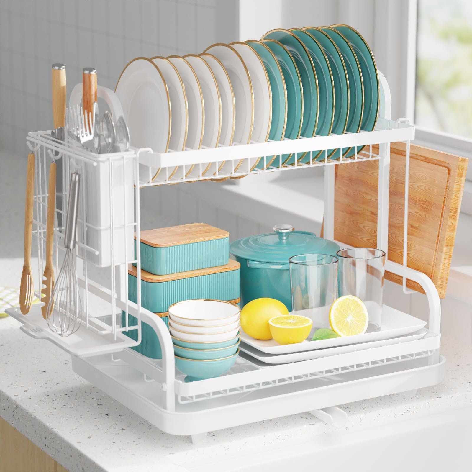 Sakugi Dish Drying Rack for Countertop - Rustproof Dish Rack, Space-Saving & Multipurpose Drying Rack for Kitchen Counter with Utensil Holder, Large-Capacity 2-Tier Dish Drying Rack, White