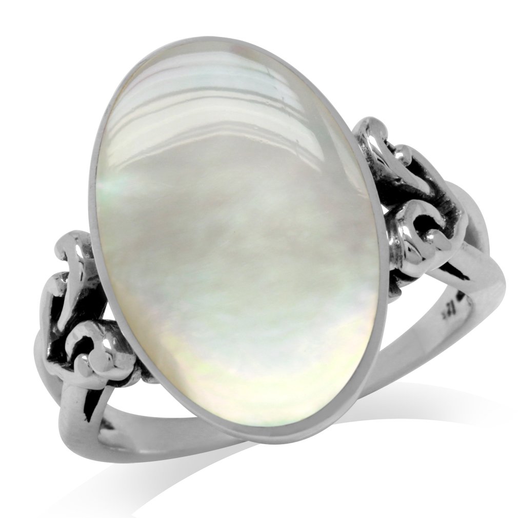 Silvershake Oval Shape White Mother of Pearl Inlay 925 Sterling Silver Victorian Style Heart Knot Ring Size 8