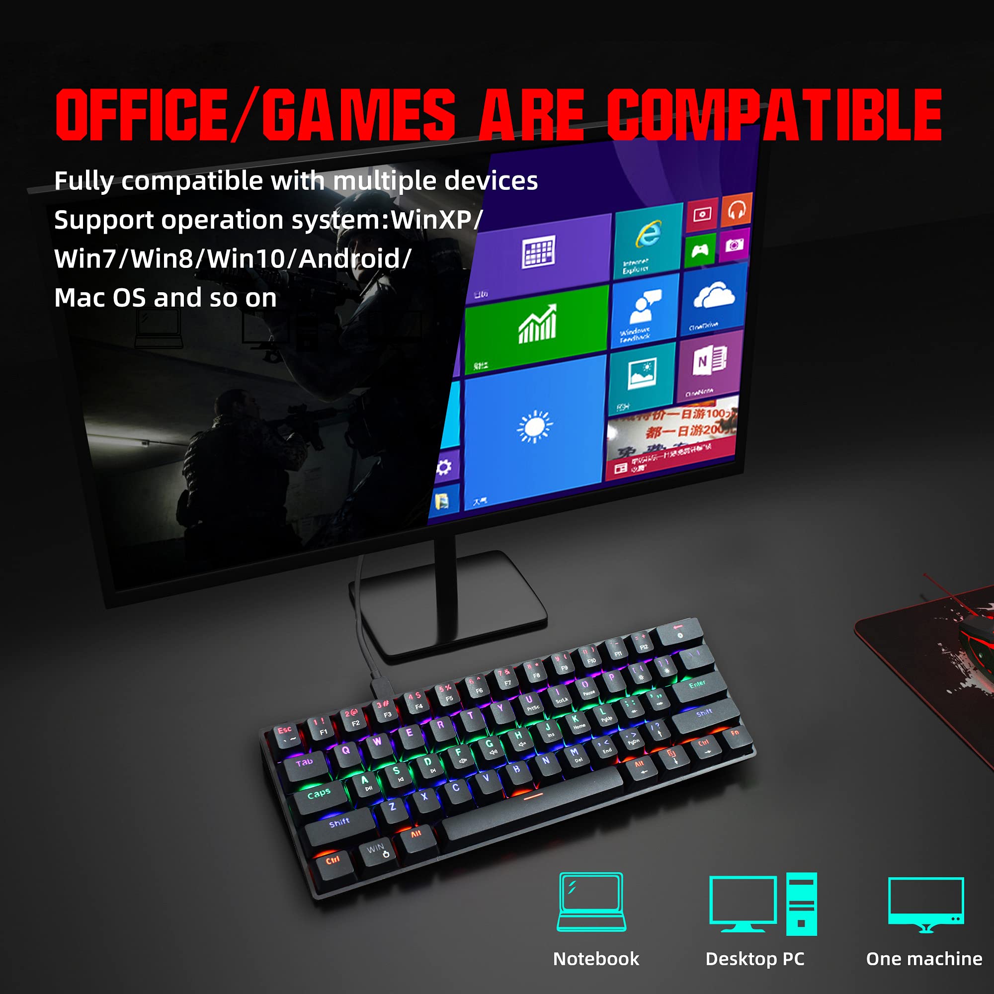 Wired 60% Mechanical Gaming Keyboard Mini Portable with Rainbow Backlit Full Anti-Ghosting 61 Key Ergonomic Double Foot Stand Type-C USB Waterproof for Typist Laptop PC Mac Gamer (Blue Switch),Black