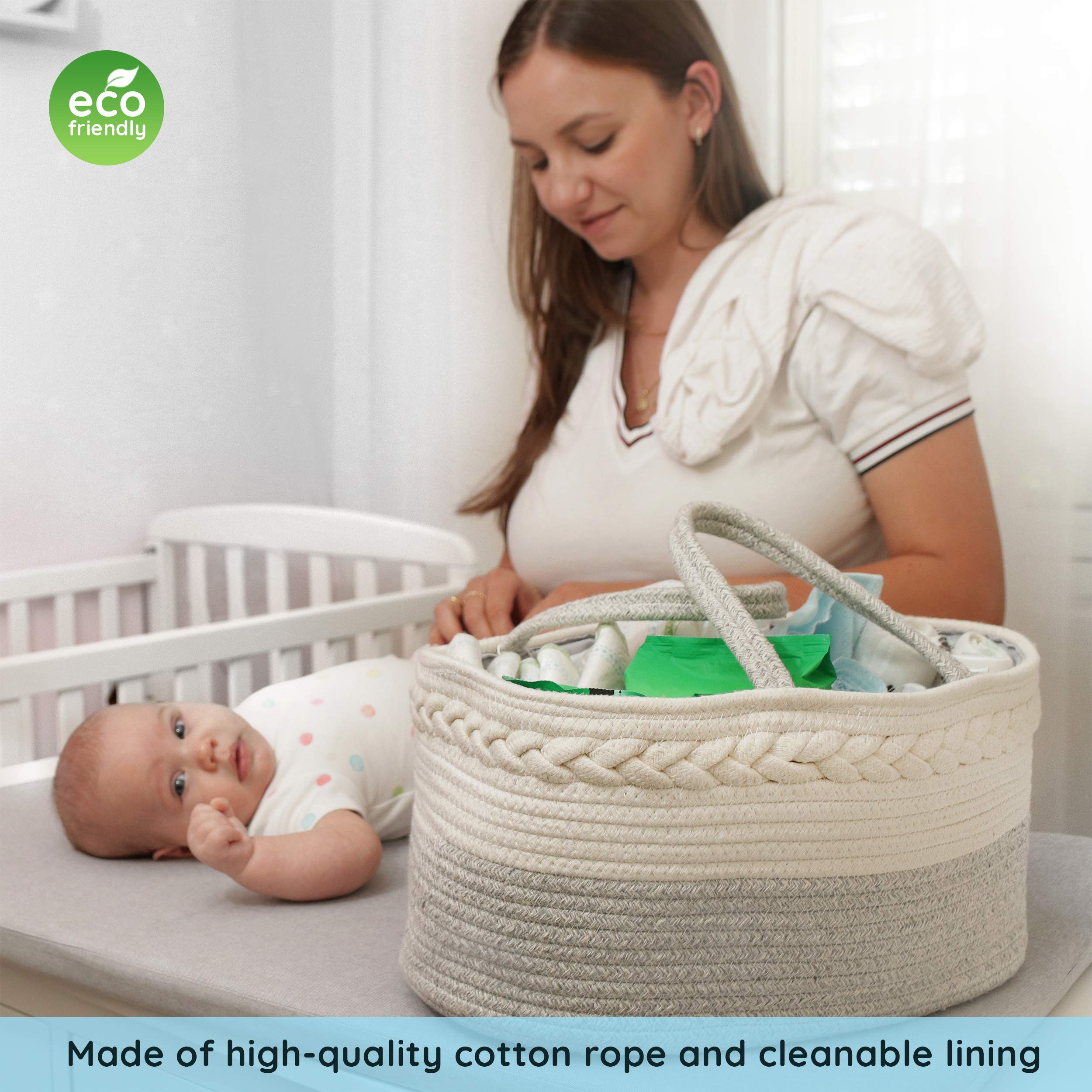 StarHug Baby Diaper Caddy Organizer β Baby Shower Basket with 2 Inner Pockets, Cleanable Interior, 100% Cotton Rope, Eco-Friendly, Large