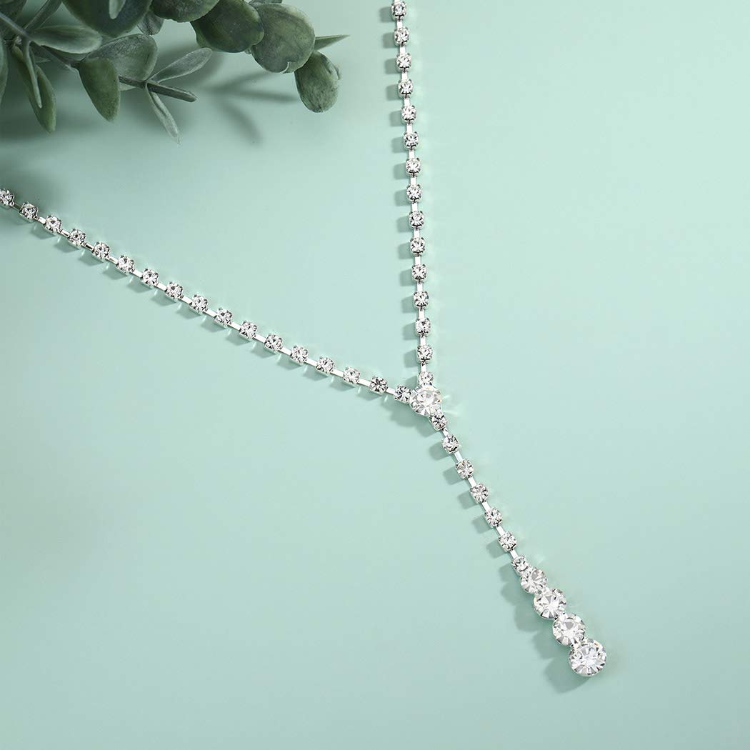 Yean Silver Bridal Jewelry Set Rhinestone Wedding Necklace and Earring Set Prom Jewelry for Women and Bride (Silver)