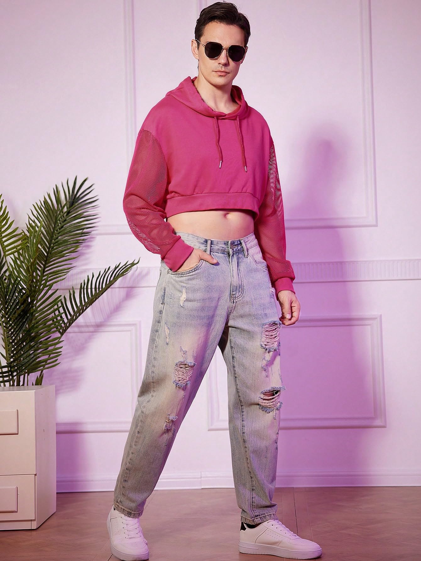 WDIRARA Men's Drawstring Mesh Long Sleeve Hoodie Sweatshirt Pullover Crop Top Hot Pink S