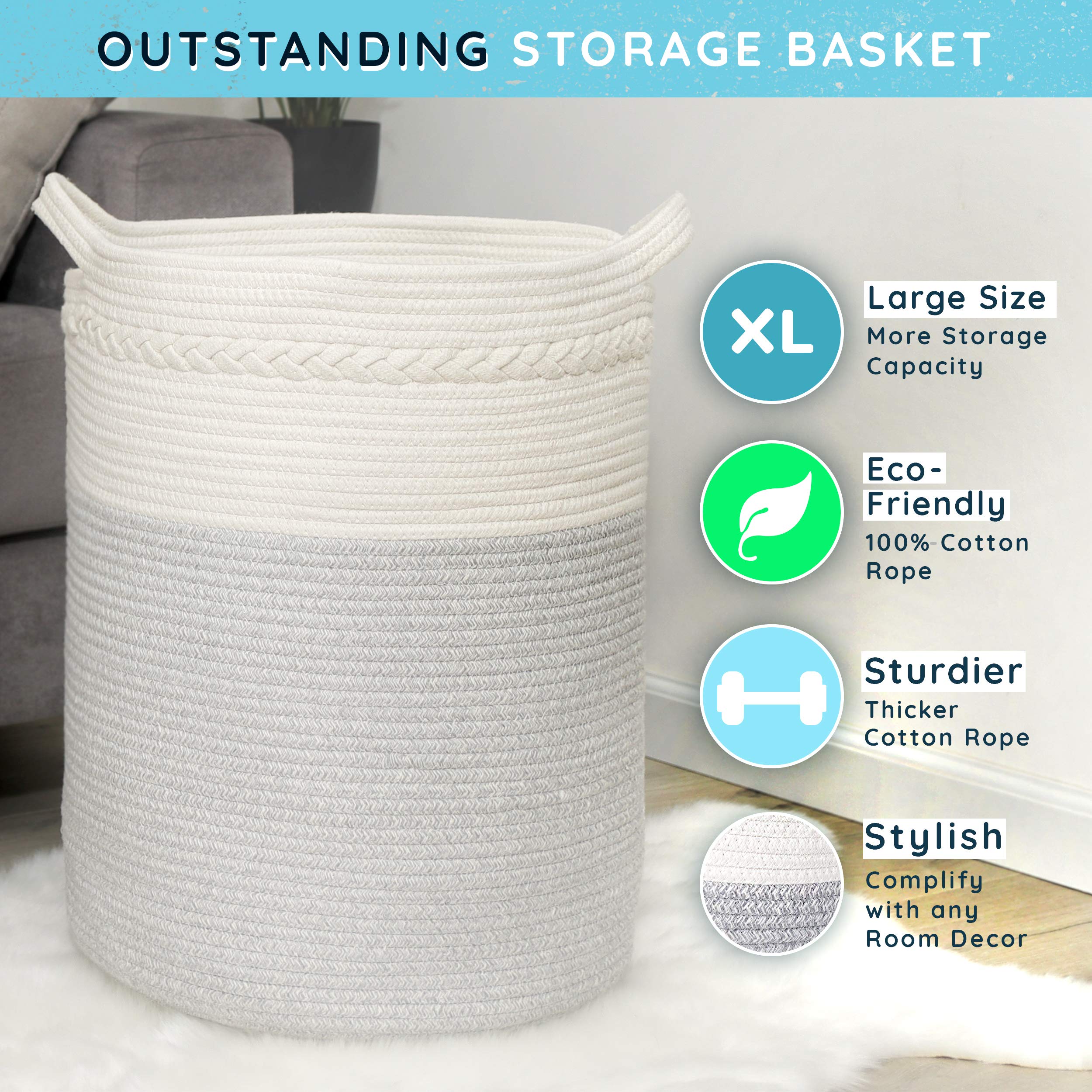 StarHug Large Woven Storage Basket - 20 x 16 inch Laundry Hamper – For Blankets, Throws, Pillows, Toys, Nursery - 100% Cotton Rope - Stylish Bin with Gift of Mesh Laundry Bag