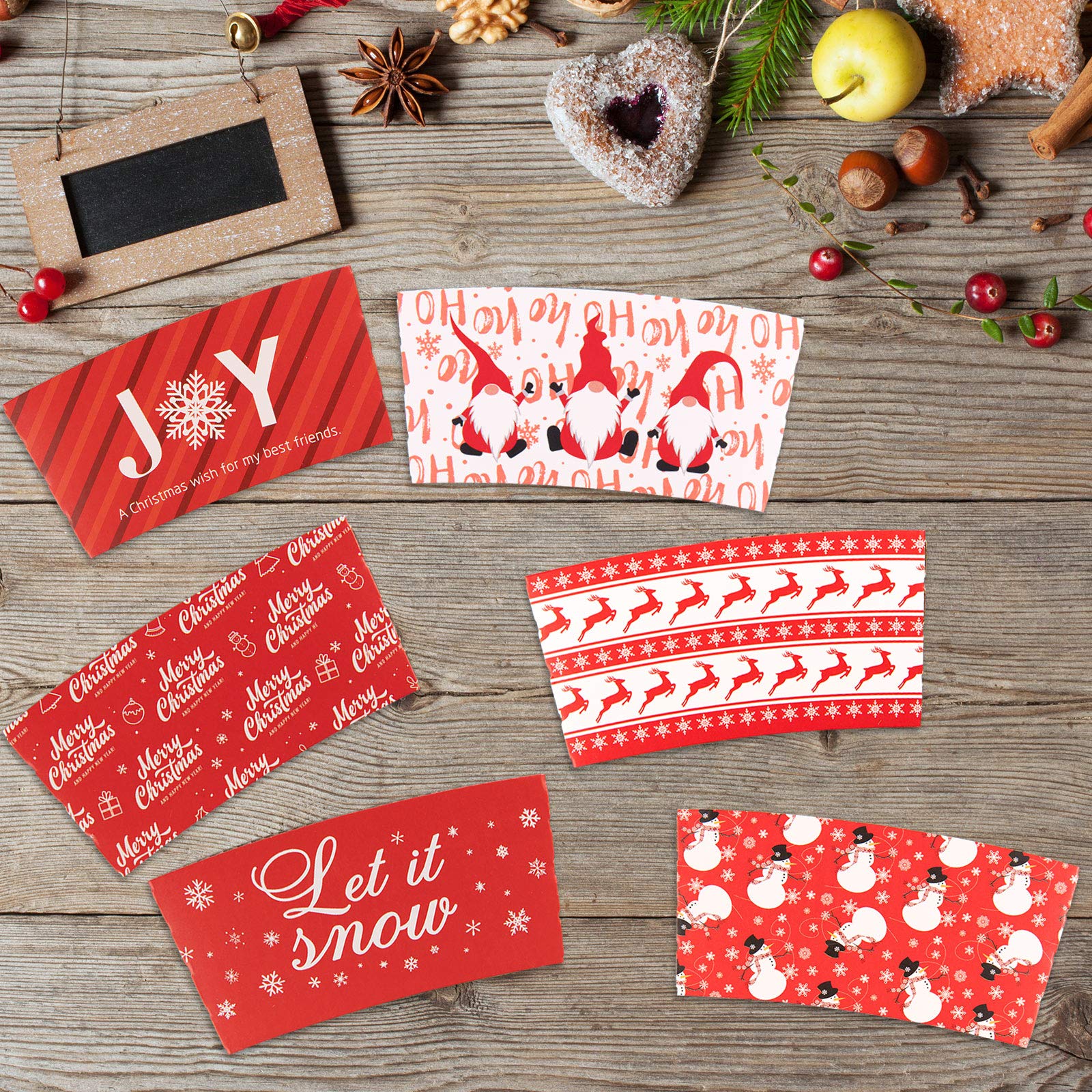 Whaline Christmas Coffee Tea Cup Sleeves 30 Pack Disposable Cardboard Sleeves Double-Layer Paper Sleeves Fit 12 and 16oz Paper Cup for Hot Drinks Cold Beverage Cafe Shop Office, 6 Design