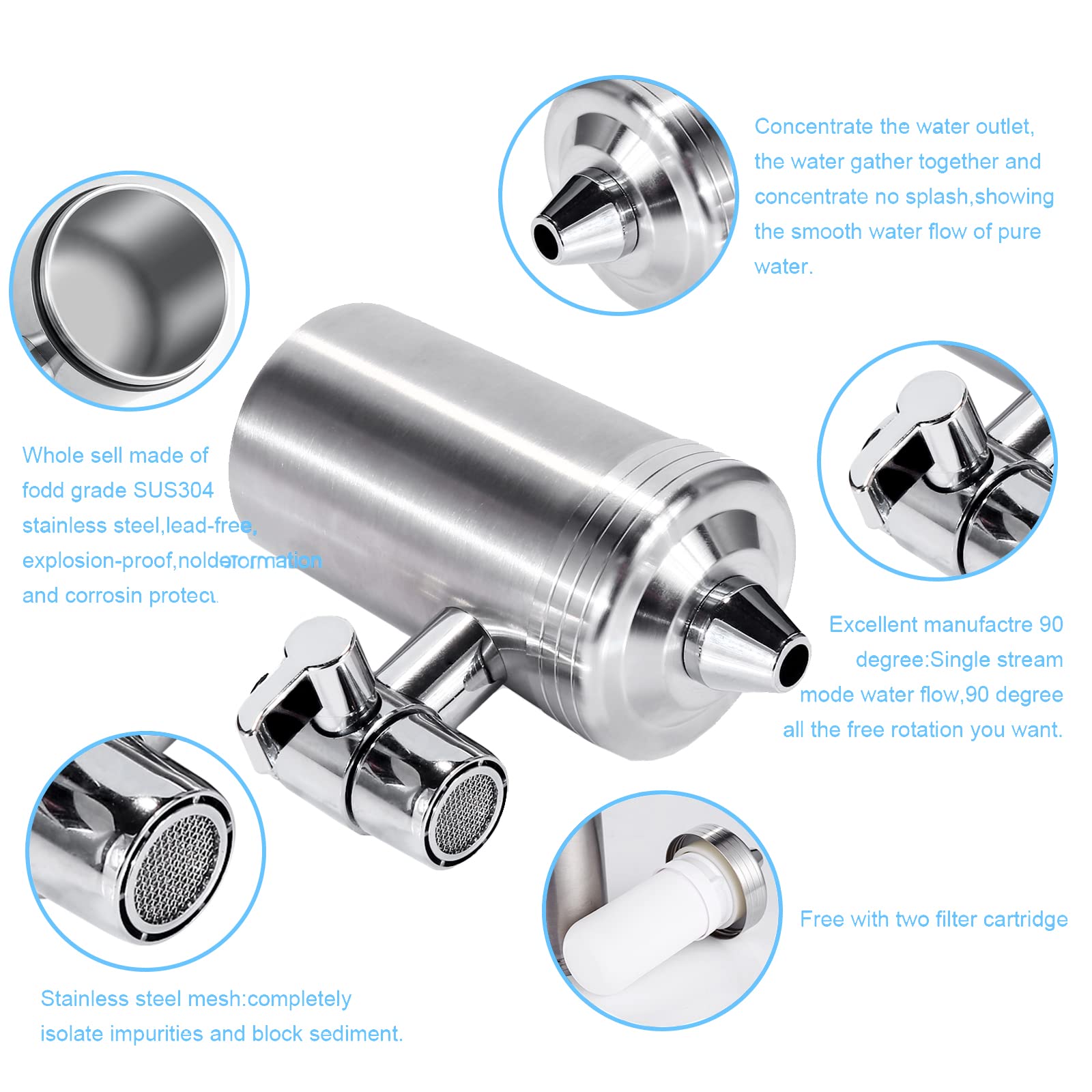 Water Filter Faucet,Stainless Steel Faucet Water Filter,Tap Water Filter for Hard Water ,Fits Standard Faucets