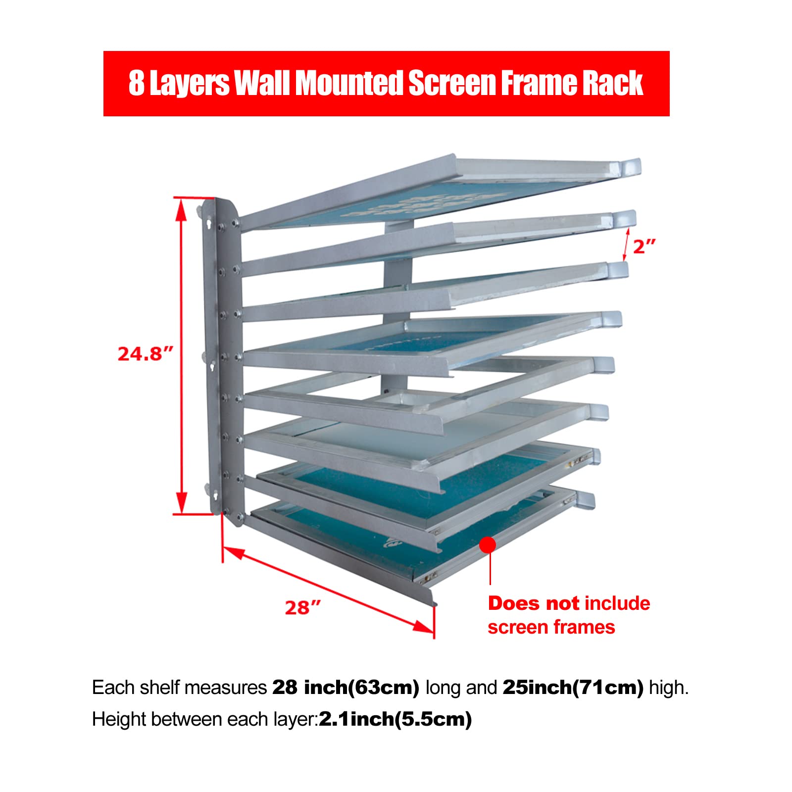 TIANIUSEEN 8 Layers Wall Mounted Screen Frame Rack 25 x 28inch Screen Printing Drying Rack Shelf Storage Screen Frame Holder