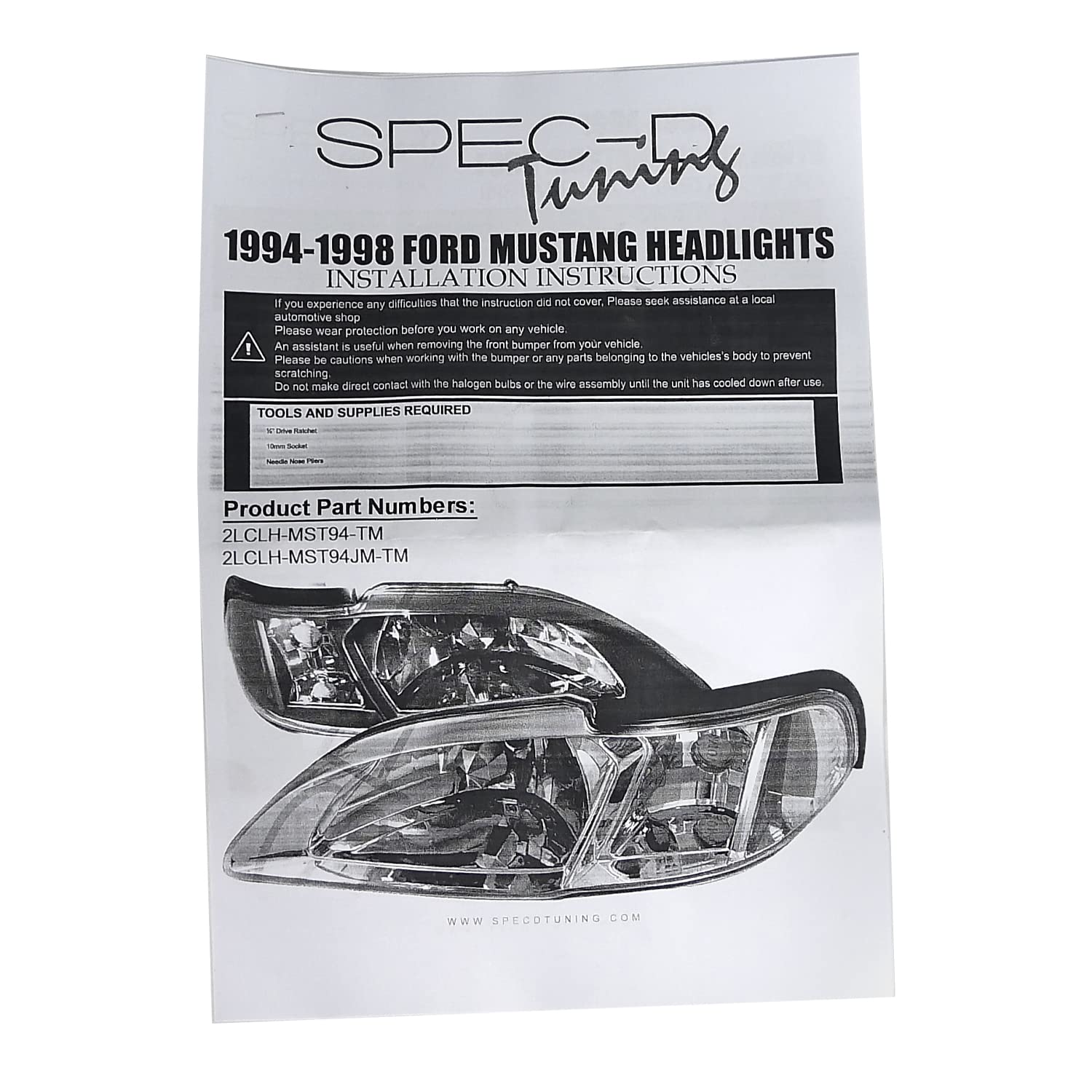 SPEC-D TUNING Black Housing Clear Lens 1PC Headlights + Corner Lights Compatible with 1994-1998 Ford Mustang L+R Pair Head Light Lamp Assembly