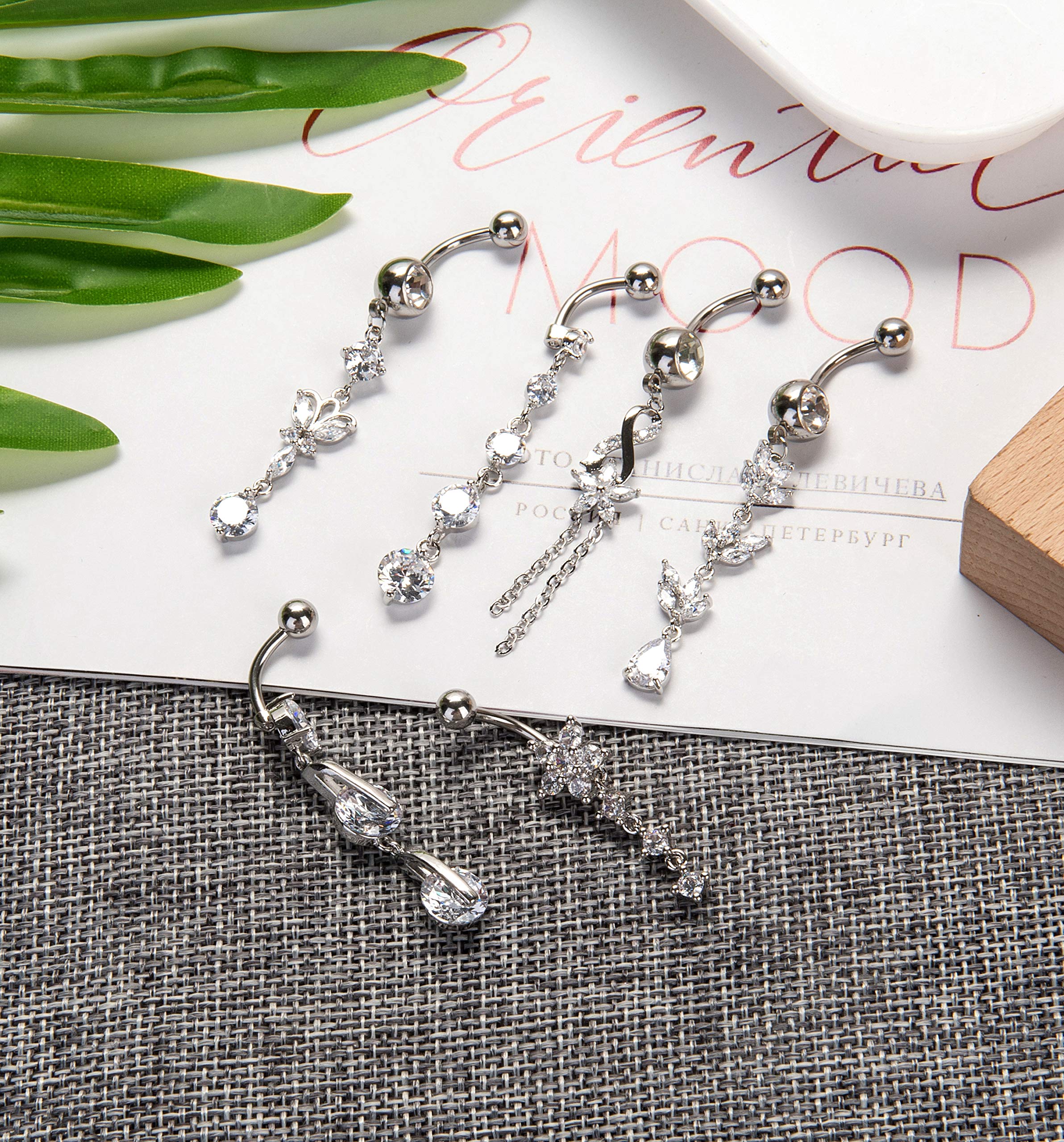 YOVORO 6PCS 14G 316L Stainless Steel Belly Button Rings for Women Navel Rings Barbell Dangle Flower CZ Body Piercing (C: 6 Pcs Silver-tone)