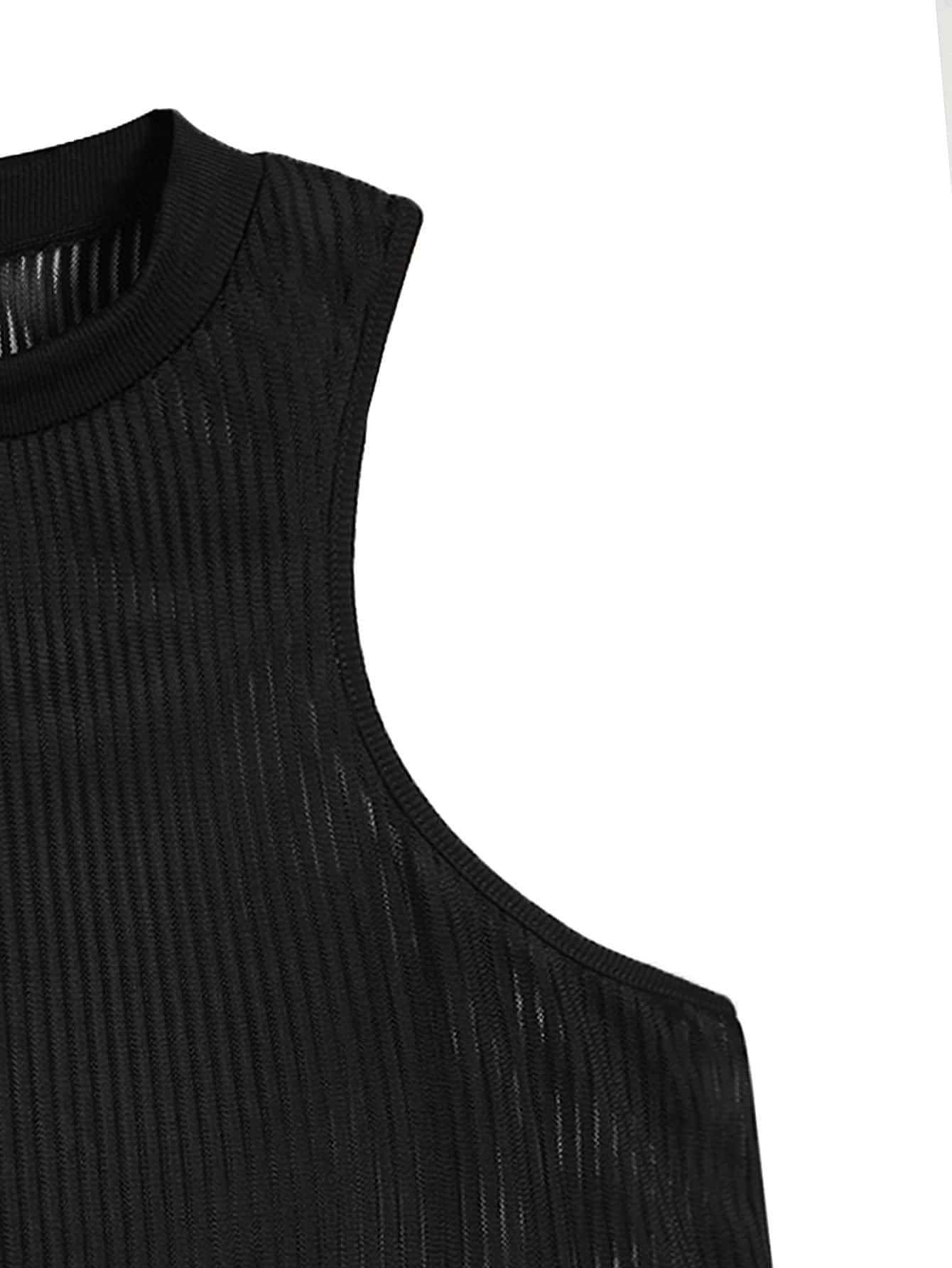 WDIRARA Men's See Through Mock Neck Sleeveless Party Club Summer Fitted Tank Top Black M