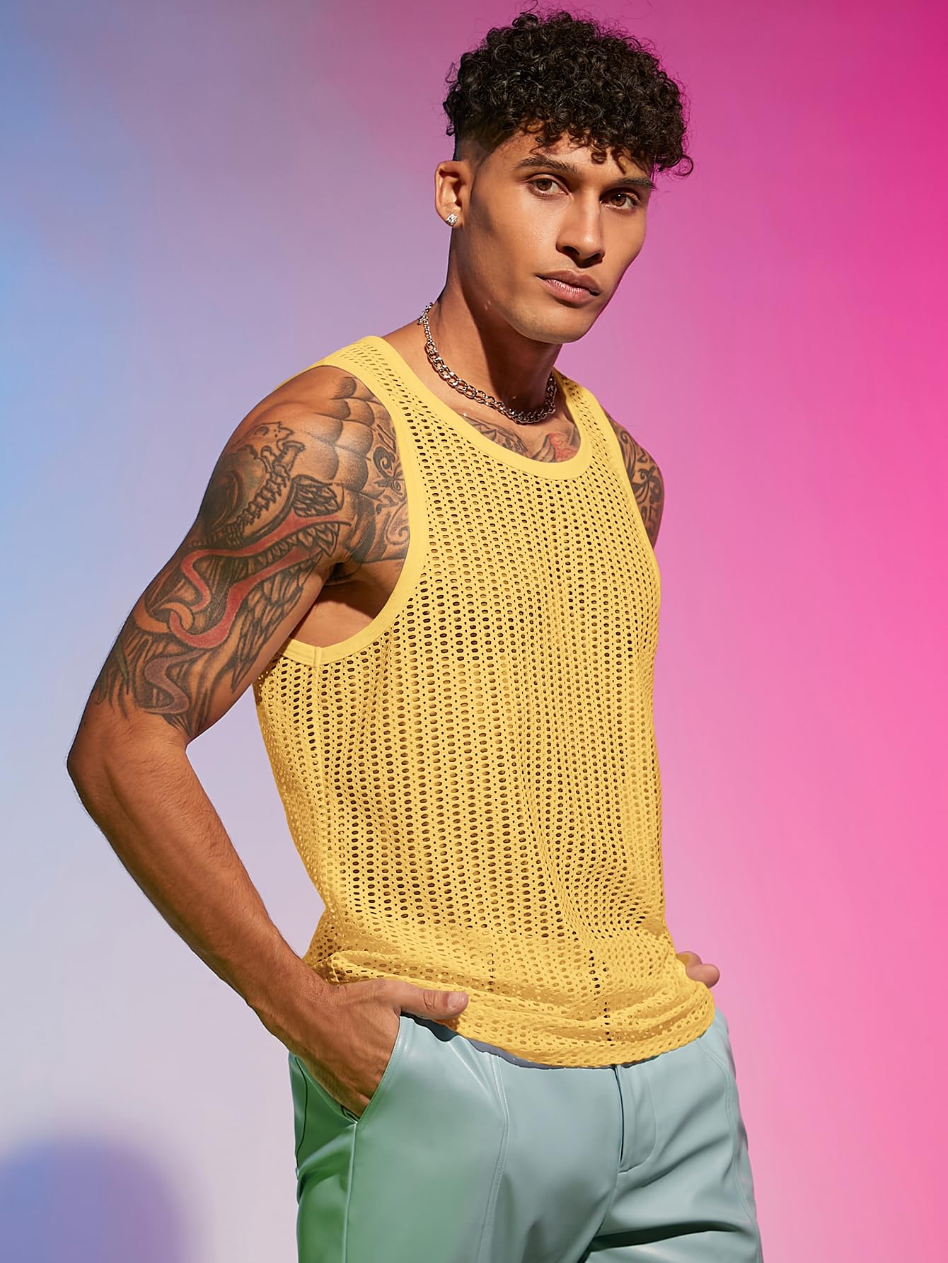 WDIRARA Men's Sequin Sleeveless Round Neck Tank Top T Shirt Party Top Solid Yellow M