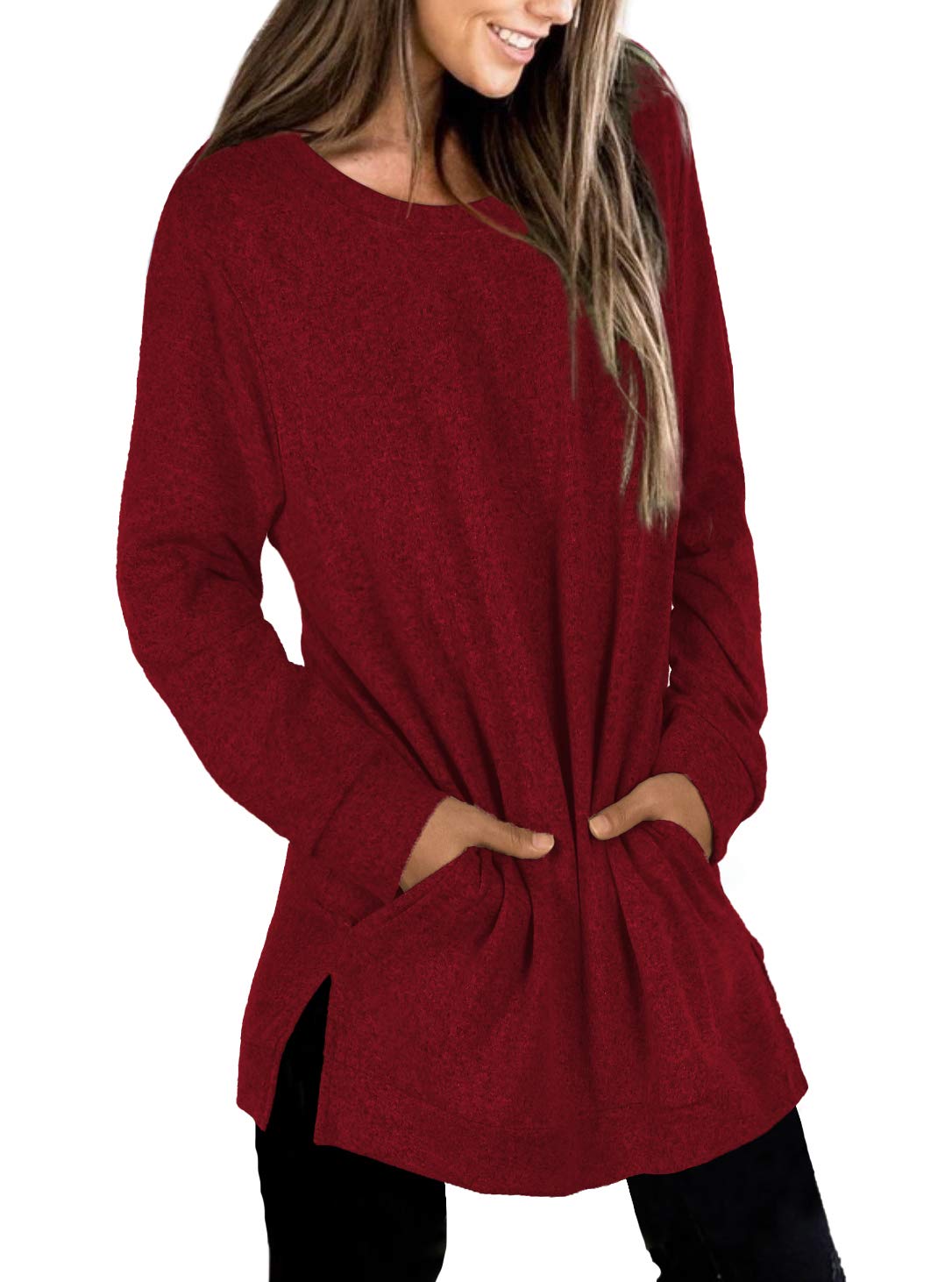 WIHOLL Tunic Sweaters for Women Crew Neck Loose Fit Casual Shirts Deepred M