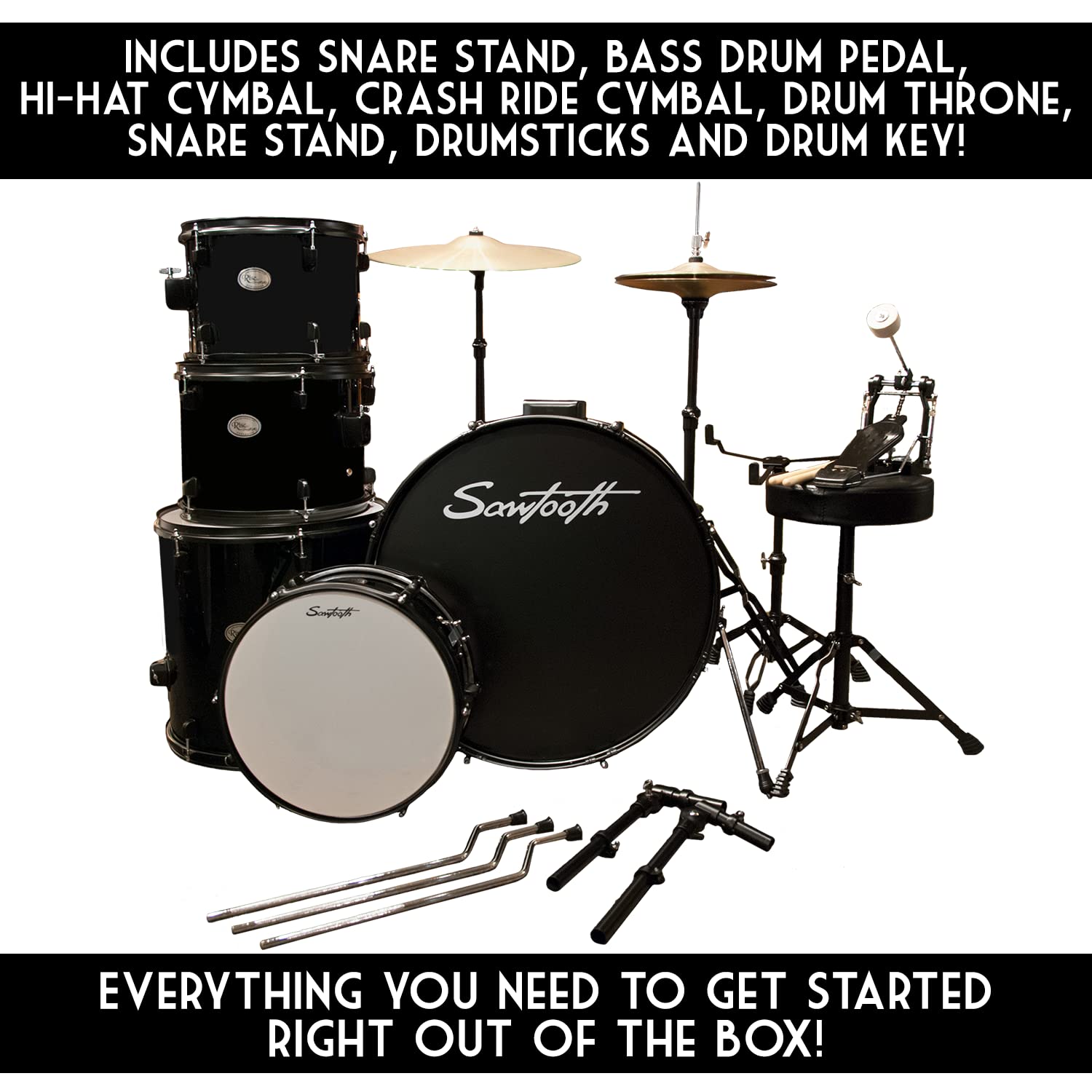 Rise by Sawtooth Full Size 5-Piece Student Drum Set with Hardware and Cymbals, Red Sparkle