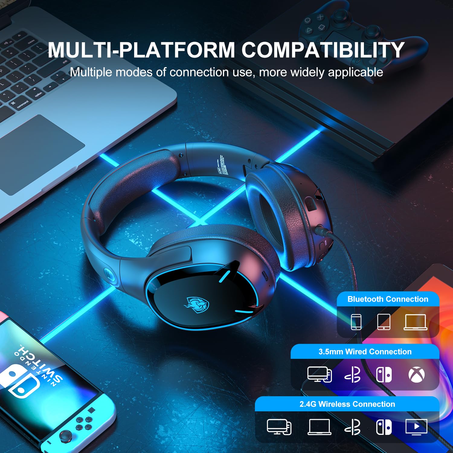 Wireless Gaming Headset for PC, PS5, PS4, Switch, Over Ear Wireless Gaming Headphones with Noise-canceling mic, 7.1 Stereo Sound, 3.5mm Jack Wired Mode for Xbox, Mac Nintendo NES Games (Red)