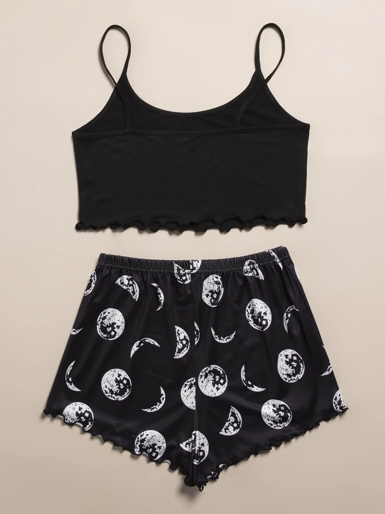 WDIRARA Women's Sleepwear Cute Print Lettuce Trim Cami and Shorts Pajama Set Black Moon M