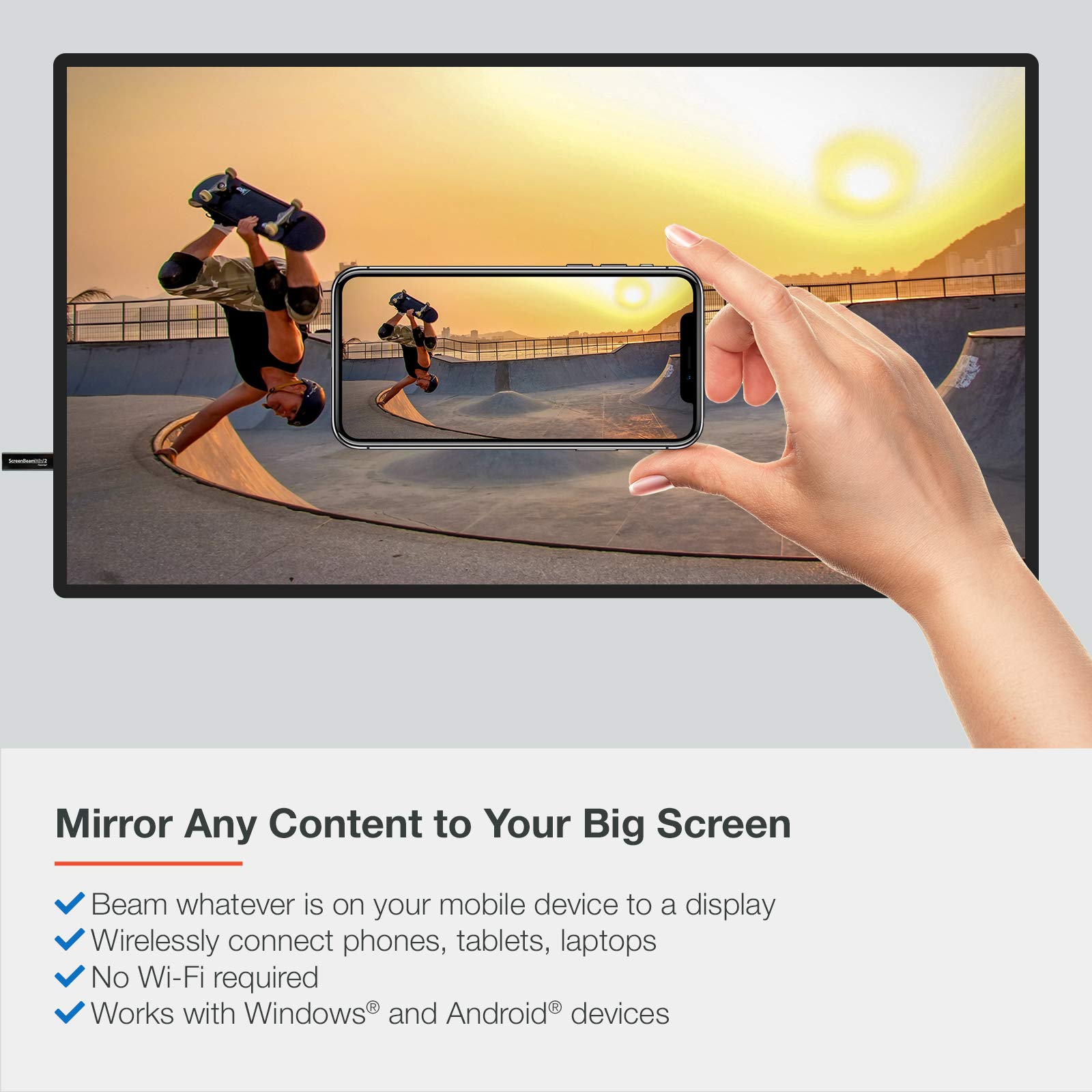 ScreenBeam Mini2 Mobile Wireless Display Adapter with Miracast (SBWD60MBL01) - Mirror Phone Screen to HDTV, HDMI Connector, No Apps Required, Supports Select Microsoft & Android Devices