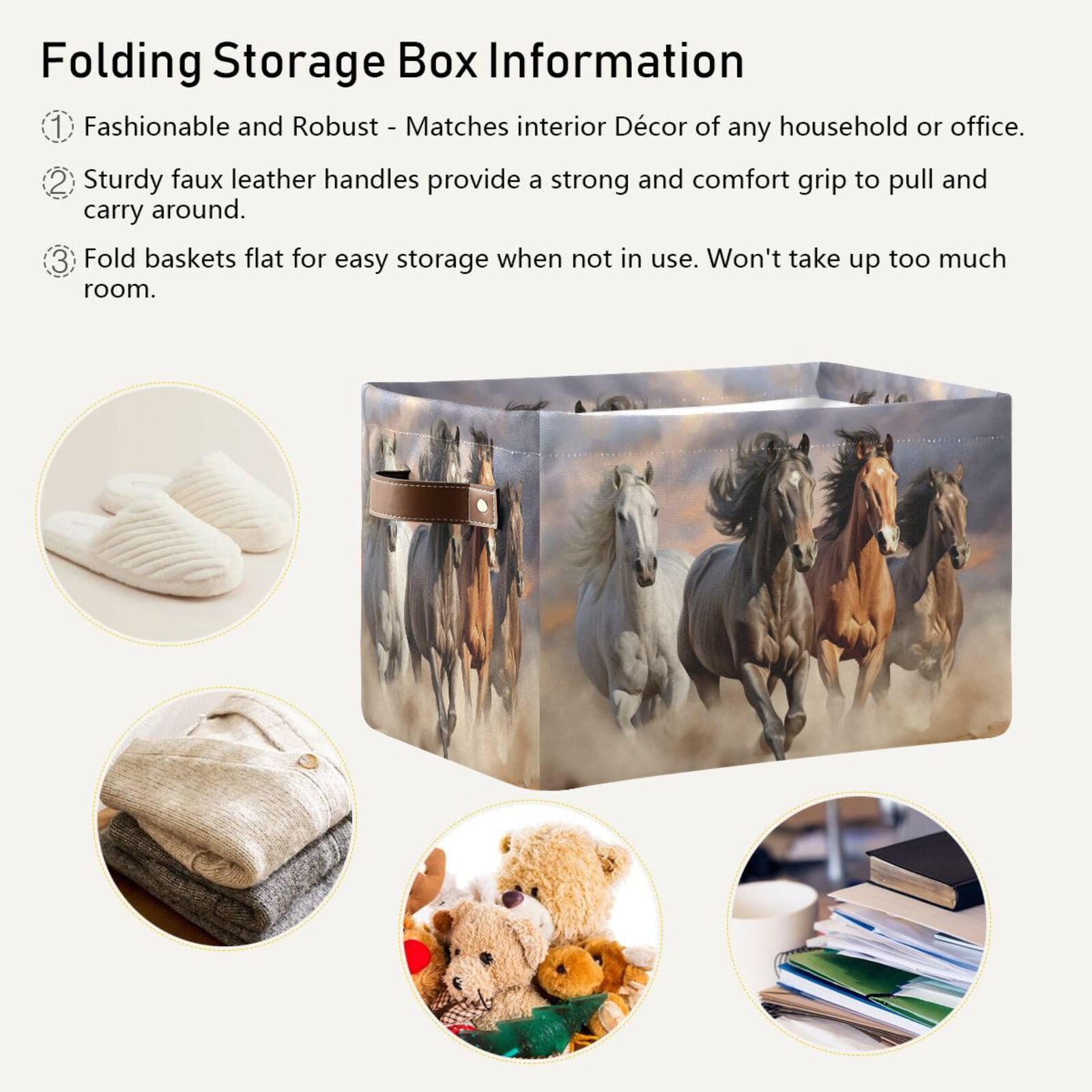 STAYTOP Large Storage Basket Collapsible Toy Storage Bins Waterproof Laundry Basket with Handle.Used for Home Closets, Offices, Bedrooms, Kids Toy and Gift Baskets-Running Horses(Rectangular)1PCS