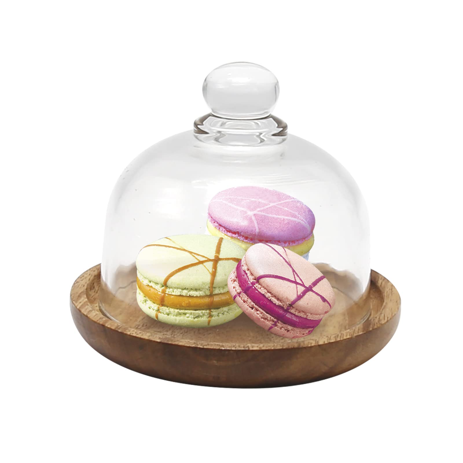 UOIENRT Dessert Cake Cover Display with Base, Acaciawood Flat Round Wooden Cake and Dessert Server, Cake Stand with Glass Bell Dome