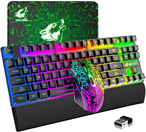 Wireless Gaming Keyboard Mouse and Wrist Rest Set with 87 Key Rainbow Backlight Rechargeable 3800mAh Battery Mechanical Feel Anti-ghosting Ergonomic Waterproof Mute Mice for PC Mac Gamer (Black Mix)