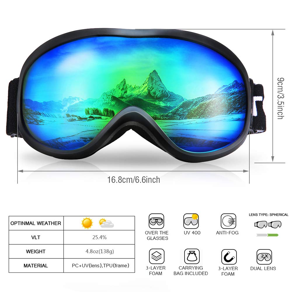 TOMSHOO Ski Goggles Windproof Snow Goggles Fit Over Glasses, Anti-Fog UV Protection Non-Slip Strap Ski Snowboard Goggles