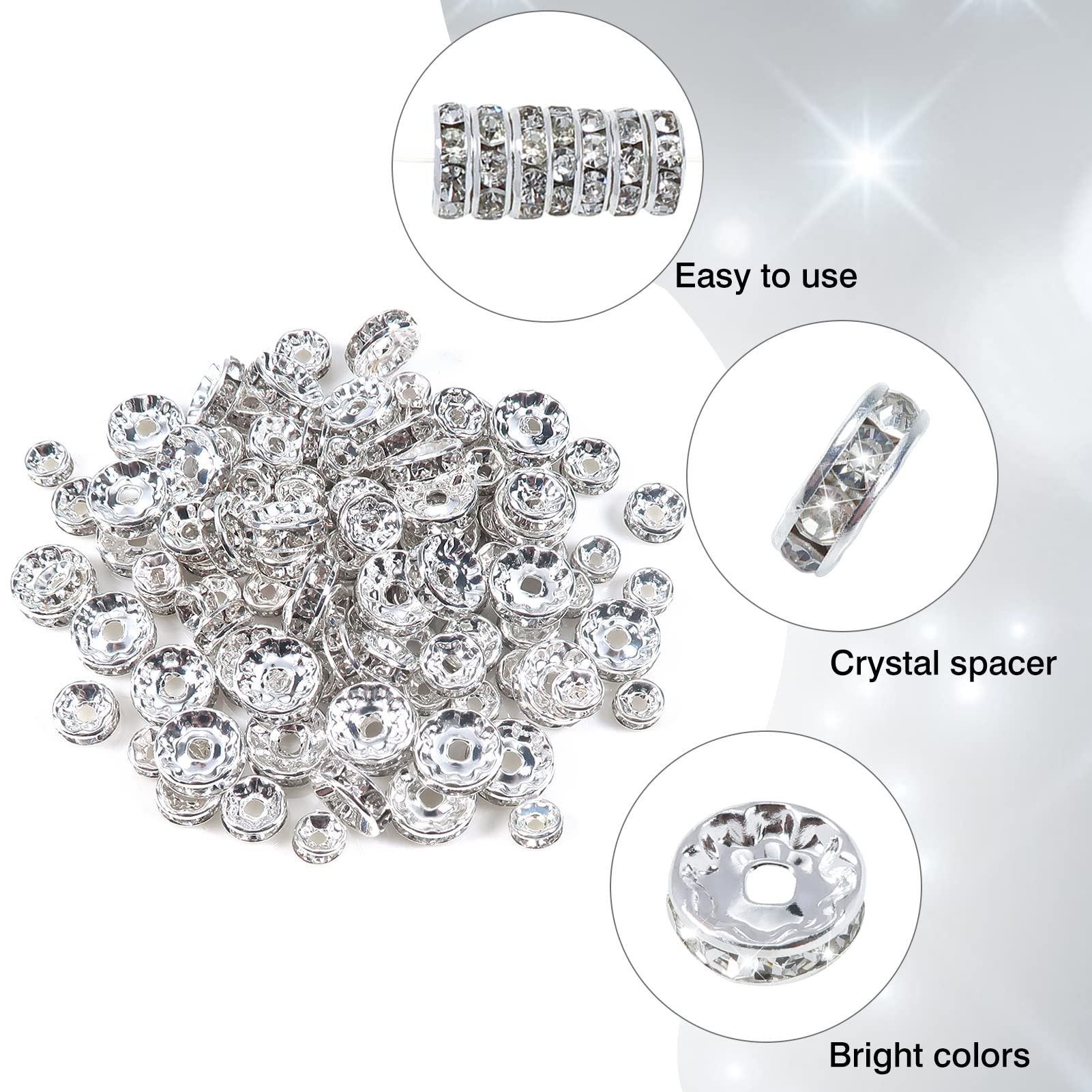 TOAOB 200pcs Rondelle Spacer Beads 6mm 8mm 10mm Round Crystal Czech Loose Spacer Beads Silver Rhinestone Charms Beads with Elastic String for DIY Crafts Jewelry Making Necklace Bracelet