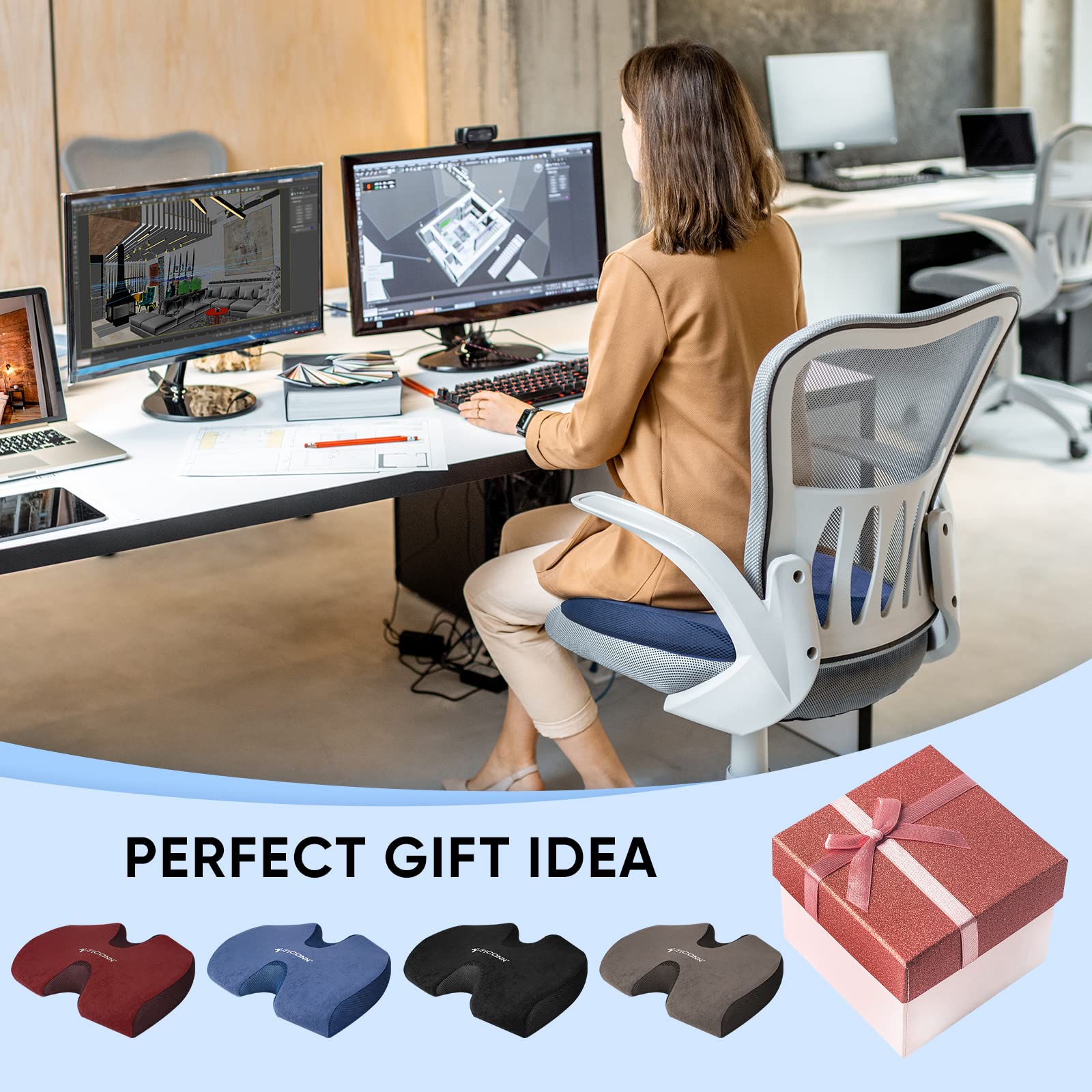 TICONN Memory Foam Seat Cushion, Office Chair Cushion Butt Pillow for Long Sitting (Blue)