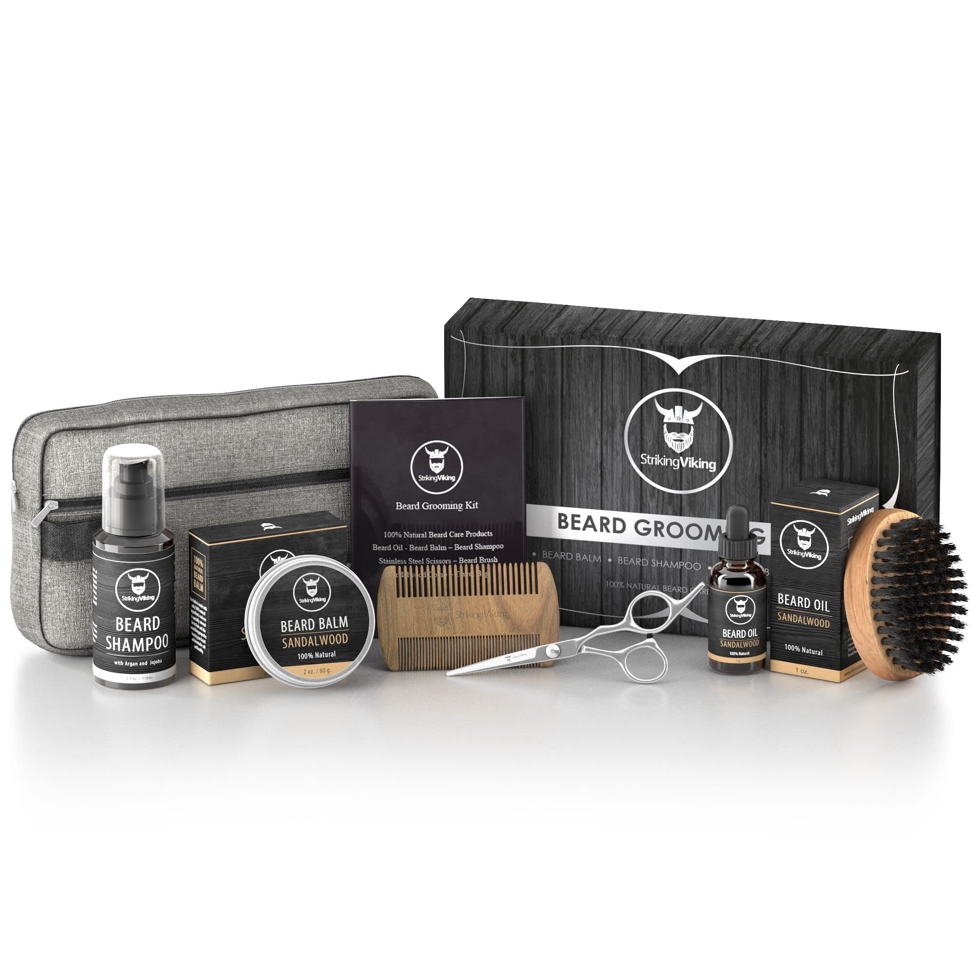 Striking Viking Beard Grooming Kit - Premium Beard Care Products for Men β Beard Shampoo, Beard Oil, Beard Balm Butter, Beard Brush, Wooden Comb, Mustache Scissors, & Toiletry Bag
