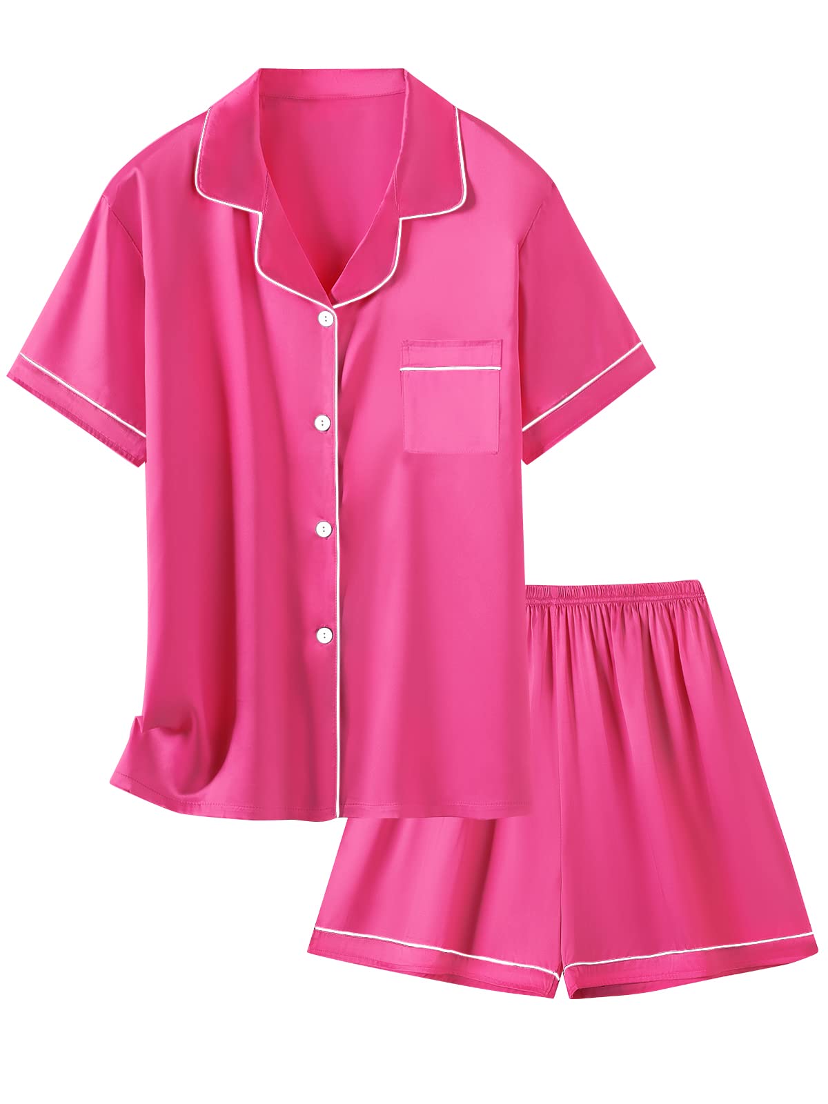 Schbbbta Satin Pajamas for Womens, 2 Pcs Sleepwear Short Sleeve Silk Satin Pajama Outfit for Girls, Hot Pink, US S