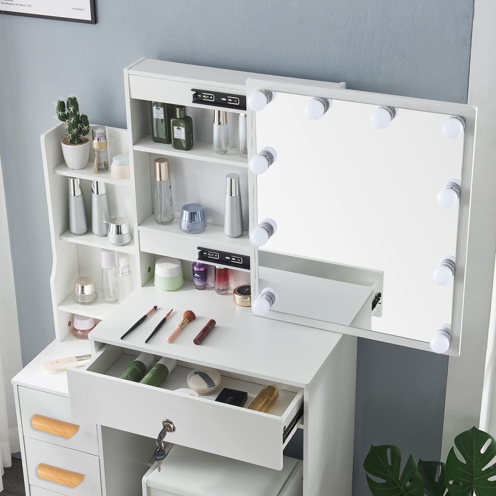 Tojump Makeup Vanity Table Set with DIY Lighted Mirror, Vanity Table with Vanity Cushioned Stool & 5 Drawers for Bedroom, Dressing Room, White (Makeup Vanity Set A)