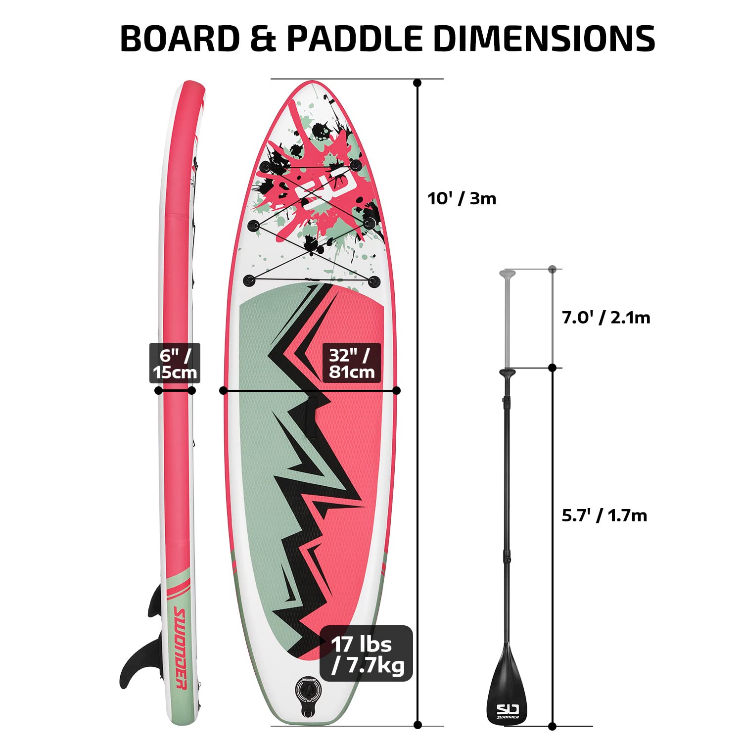 Swonder Inflatable Stand Up Paddle Board for Adult & Youth, 17.2 lbs Ultra-Light, Super Steady SUP w Non-Slip Deck, Full Premium Accessories - Paddle, Backpack, Leash, and Pump