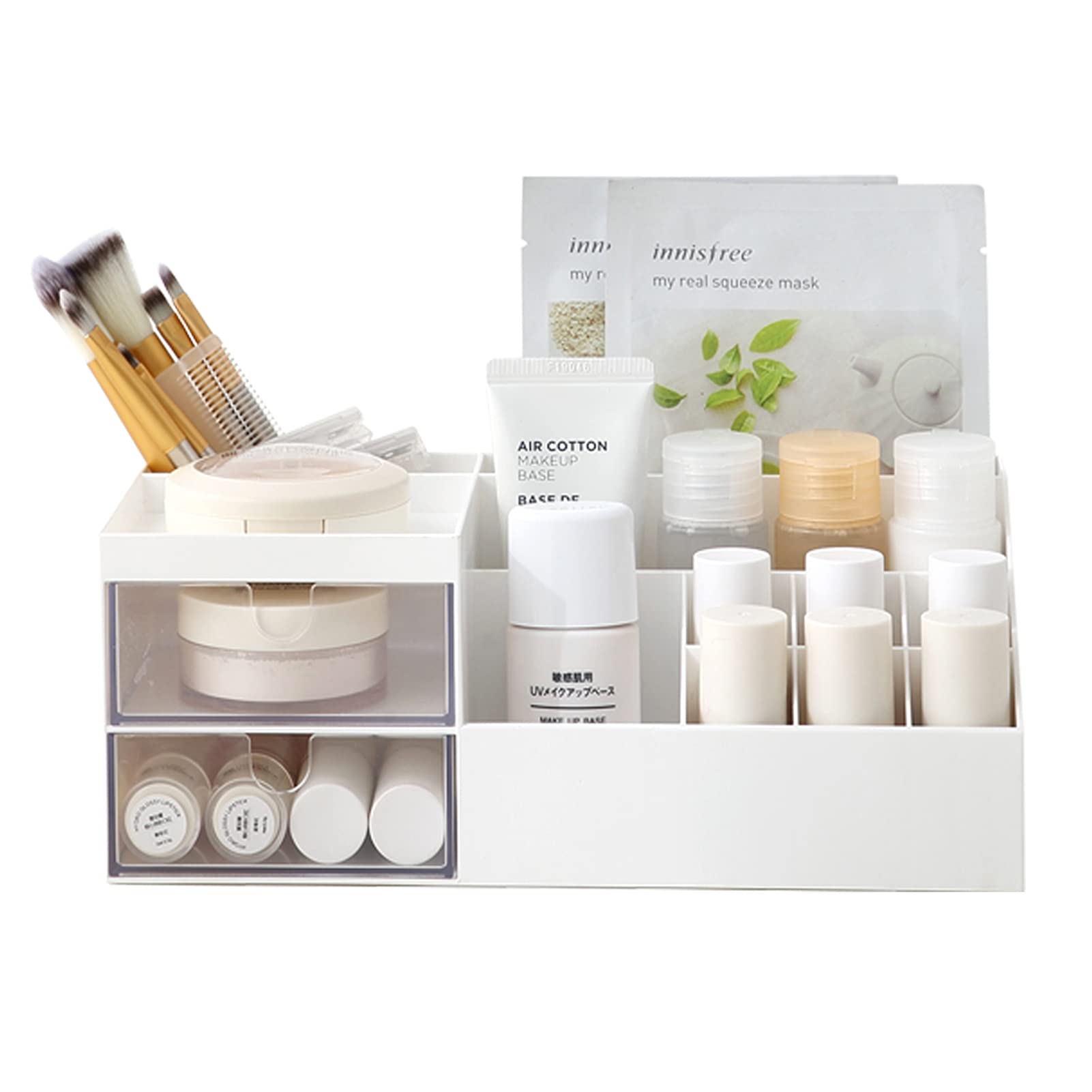 vibeross Makeup Organizer with 2 Drawers for Vanity, Desk Organizers 10 Compartments Bathroom Organizer Cosmetic Storage