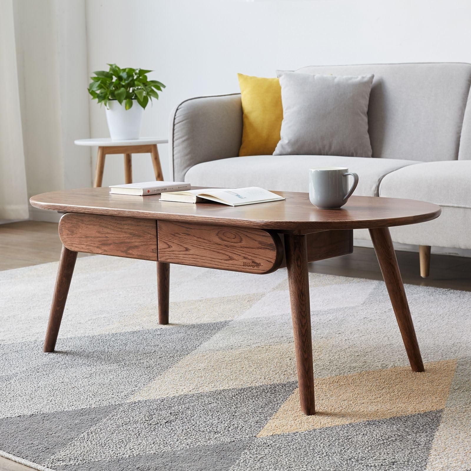 Vadisun Modern 100% FAS Oak Coffee Table - Unique Coffee Table & Space-Saving Wooden Coffee Table Easy Assembly (Walnut color with drawers)
