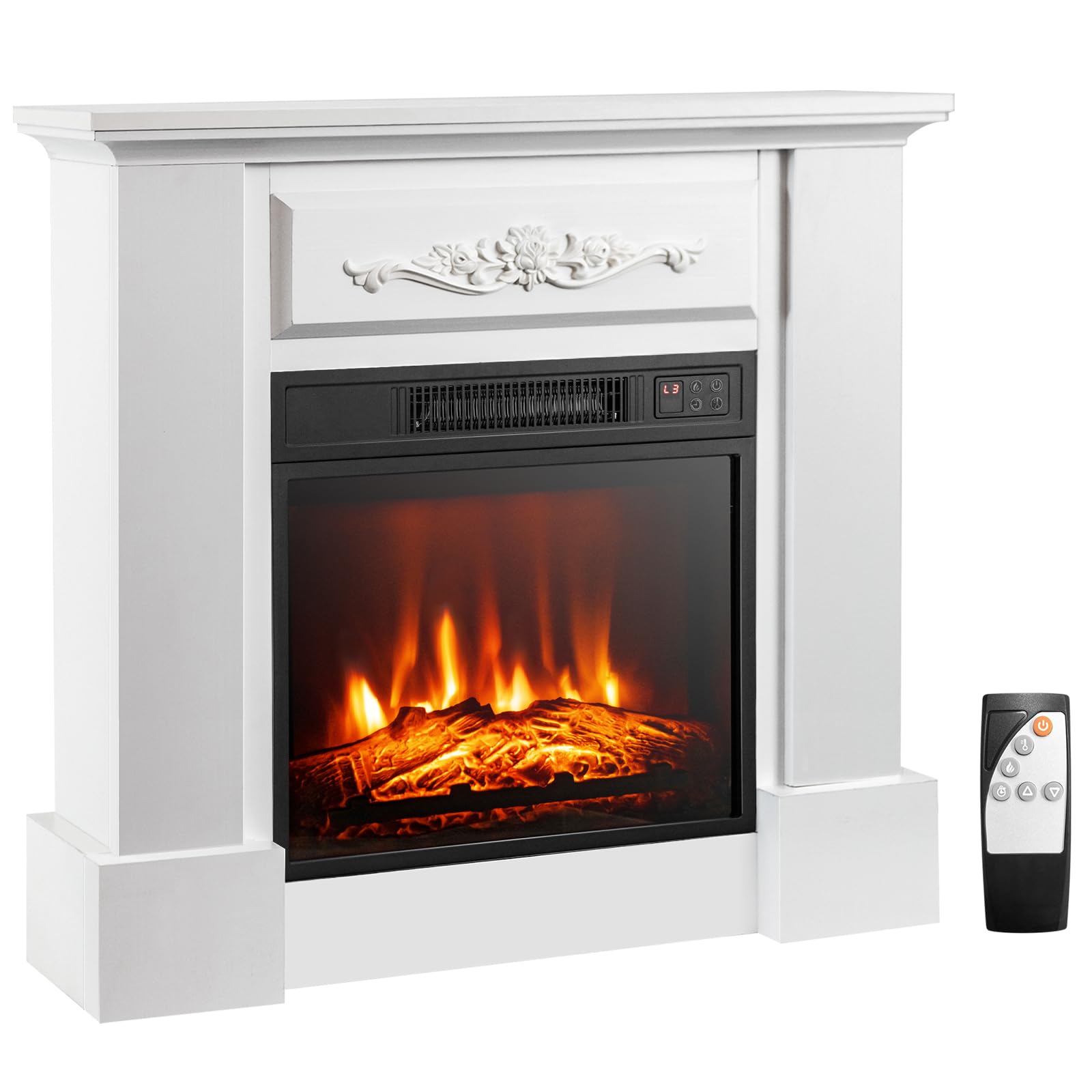 Tangkula 1400W 32 Inches Electric Fireplace with Mantel, Freestanding Fireplace Heater with 3D Flame Effect, Remote Control, Thermostat, 6H Timer, Overheat Protection (White)
