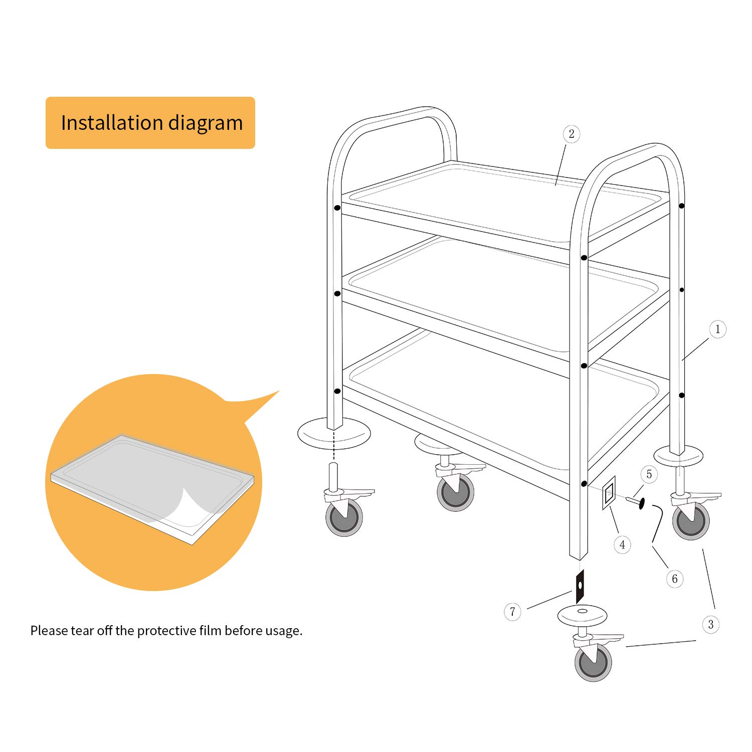 tonchean Large 3 Tier Stainless Steel Cart Kitchen Trolley Cart Serving Cart 37.4 x 19.7 x 37.4 Inch Kitchen Utility Rolling Cart Service Catering Storage Cart with Locking Wheels