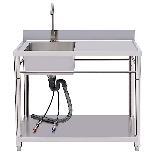 Stainless Steel Kitchen Sink Free Standing Commercial Restaurant Sink Set w/Hot and Cold Faucet, Prep & Utility Washing Hand Basin w/Workbench & Storage Shelves Indoor Outdoor