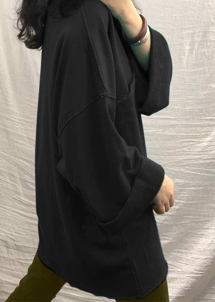YESNO Women Casual Loose Plain Scoop Neck Plus Size Terry Cotton Sweatshirts Pullover Tops Long Sleeve Roll Hem Pocket TY9