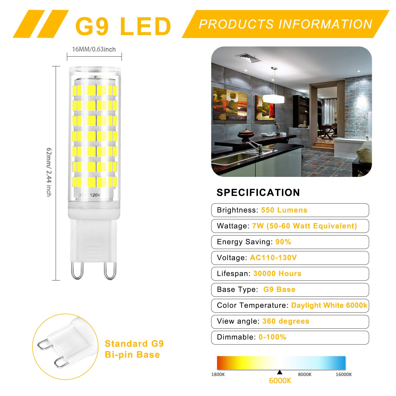 YUIIP G9 LED Light Bulb 7W Dimmable 50W 60W Halogen Bulbs Equivalent Daylight White 6000k AC120V Lamp G9 Bi Pin Base, Non-Flicker, 360°Beam Angle, Pack of 6