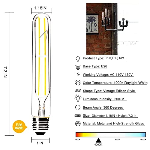 VCTC Lighting Dimmable T10 LED Bulbs,4000K Daylight White,6W Tubular Light Bulb, Edison LED Bulb 60 Watt Equivalent,E26 Medium Base 600LM, Clear Glass Cover,7.3in(185mm),4-Pack