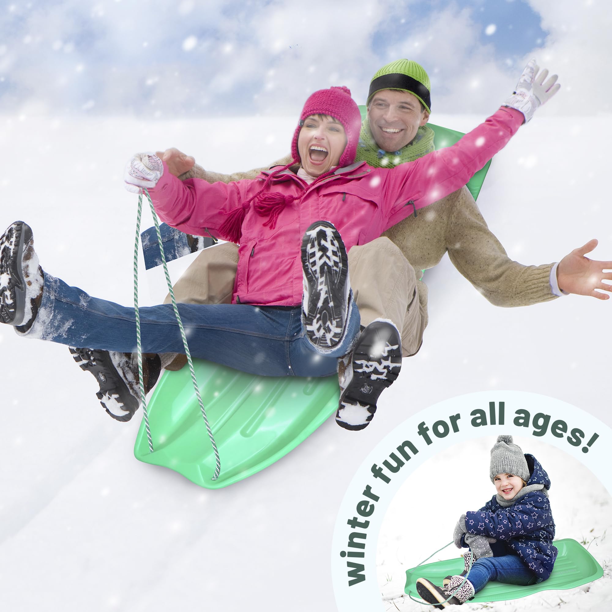 Slippery Racer Downhill Xtreme Flexible Adults and Kids Plastic Toboggan Snow Sled for Up to 2 Riders with Pull Rope, (2 Pack) (Red/Green)