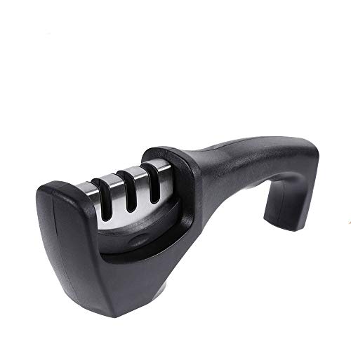 Smart Sharp Knife Sharpener - Professional 3 Stage Manual Sharpener for Sharpening Kitchen Knives - Ceramic Stone, Tungsten Carbide Plates, Diamond rods. Ergonomic Design, Black/Chrome Finish