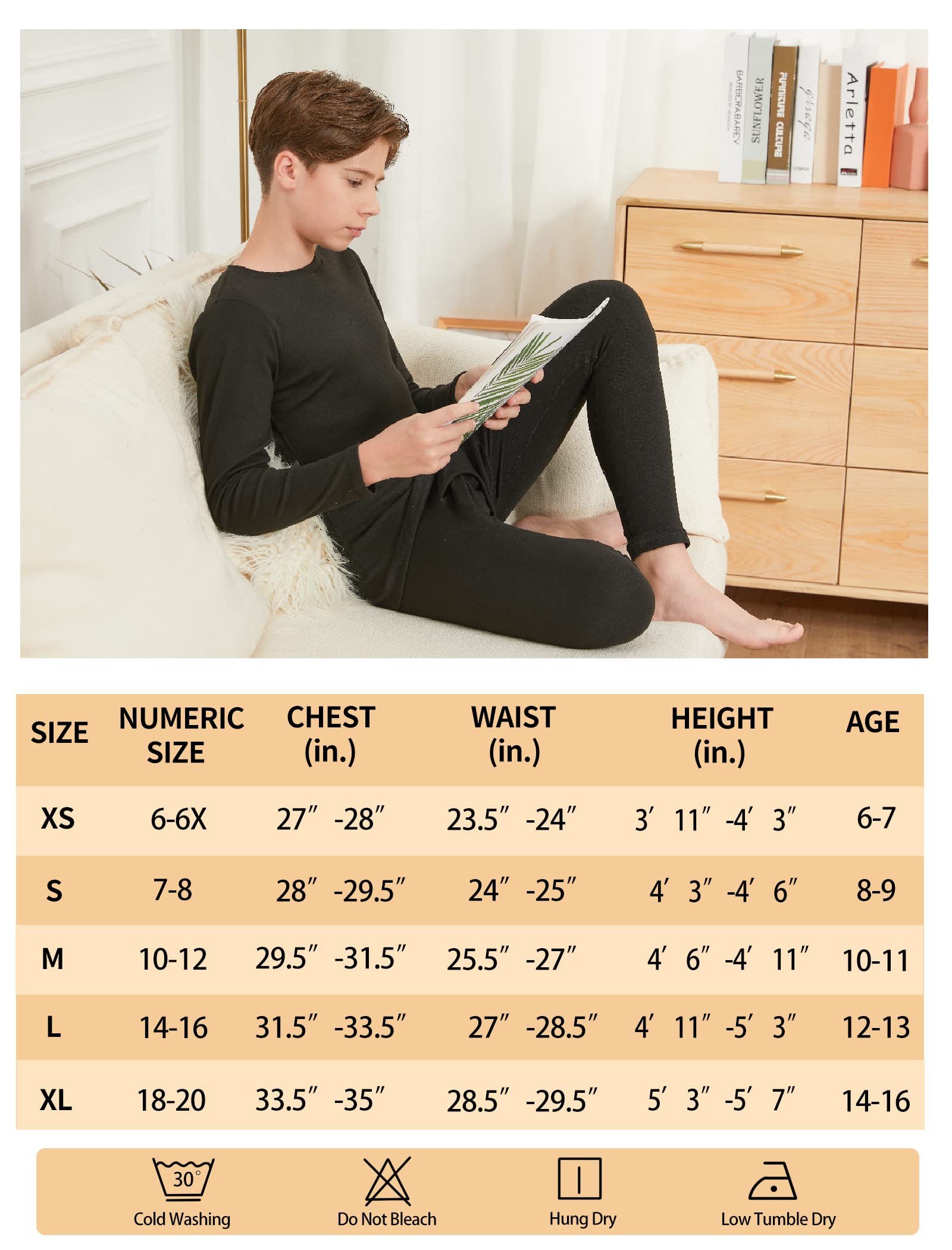 TELALEO Boys Thermal Underwear Set for Kids Long Johns Double Fleece Lined Youth Base Layer with fly Shirt & Pants Sets M Black