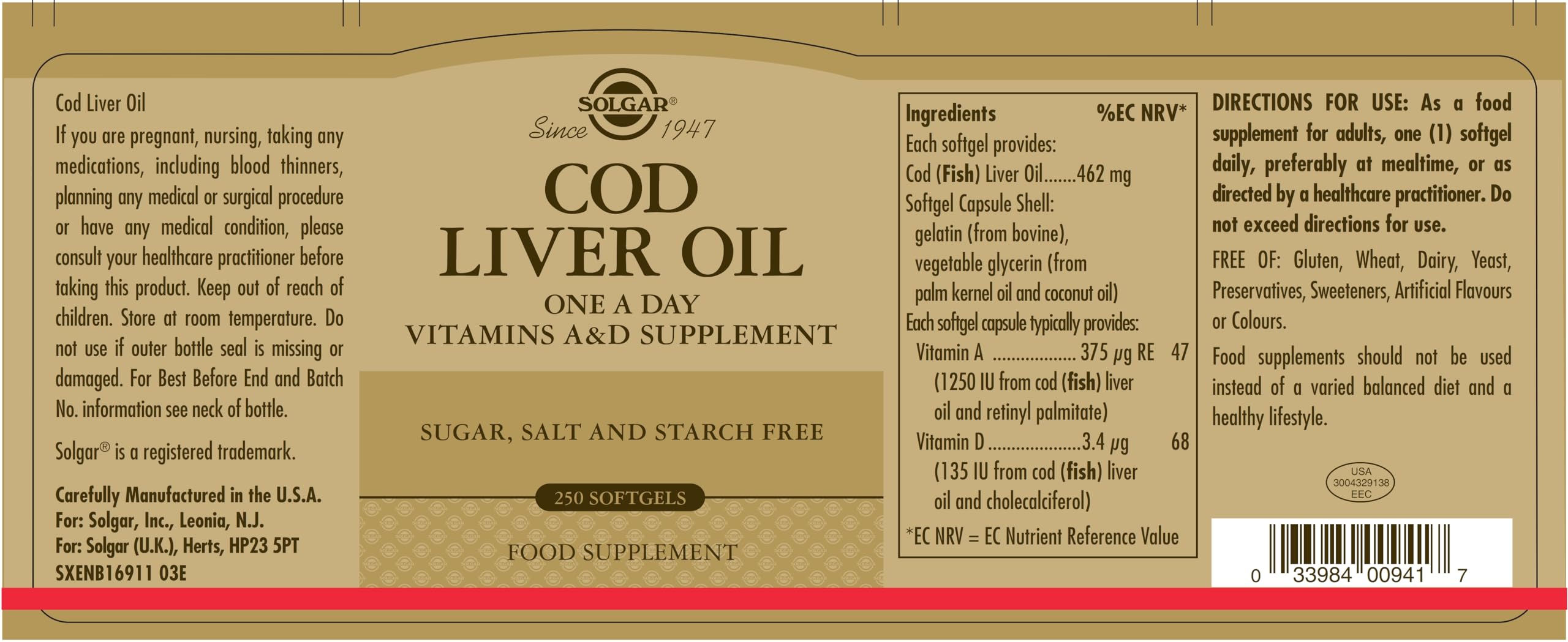Solgar Cod Liver Oil, 250 Softgels - Supports Healthy Immune System, Healthy Eyes & Vision & Bone Health - Vitamin A & D Supplement -, Gluten Free, Dairy Free - 250 Servings