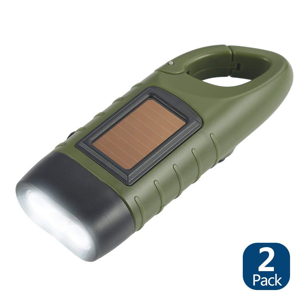 Simpeak 2-Pack Hand Crank Solar Powered Flashlight, Emergency Rechargeable LED Flashlight, Survival Flashlight, Quick Snap Carbiner Dynamo Flashlight Torch for Outdoor Sports, Green