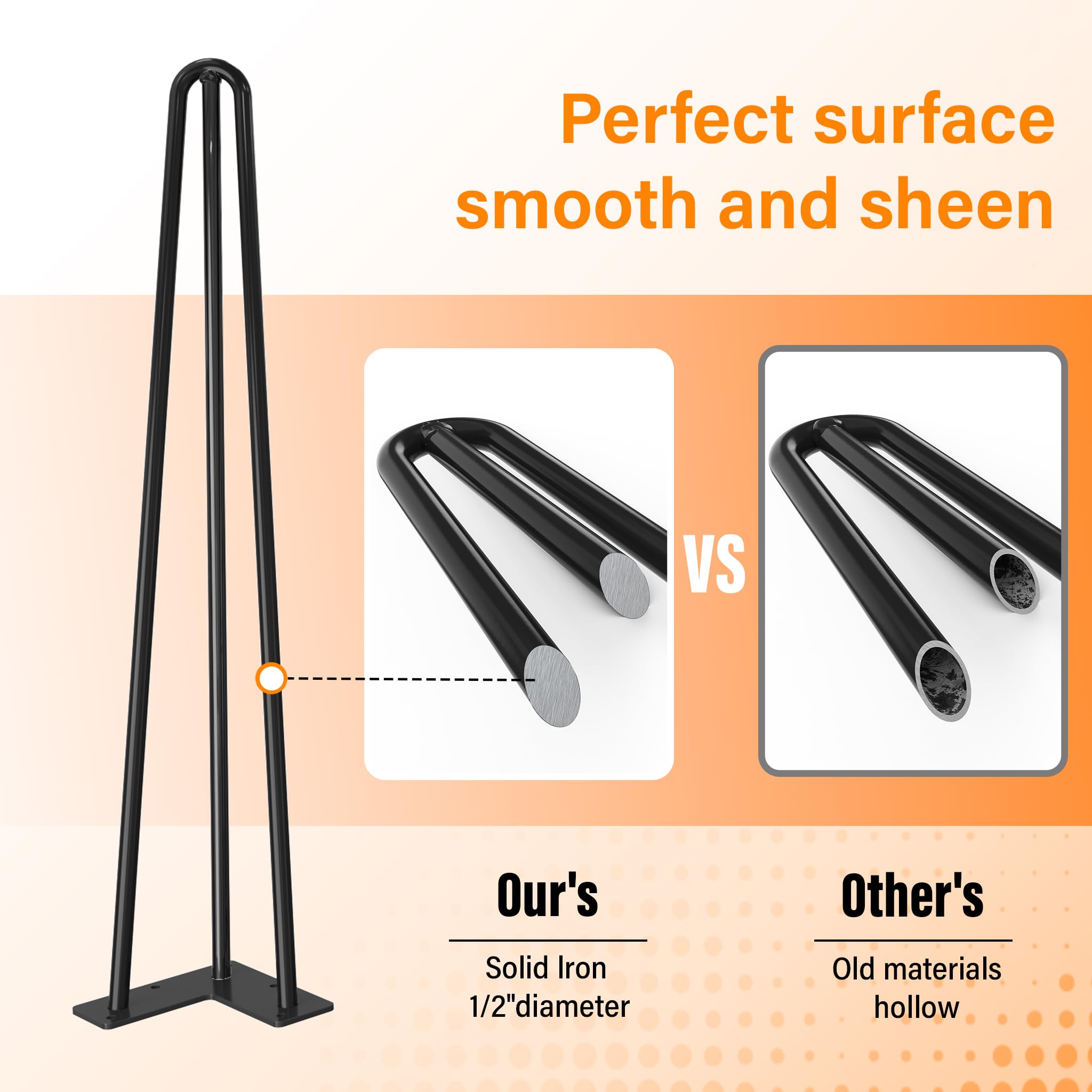 WINSOON 16 Inch Hairpin Legs Thicker 3-Solid Rods 1/2'' in diameter,880lbs Load Capacity, Set of 4 Metal Hairpin Table Legs DIY Projects for Coffee Table Legs, End Table,Desk,Dining,Bench,Night Stands