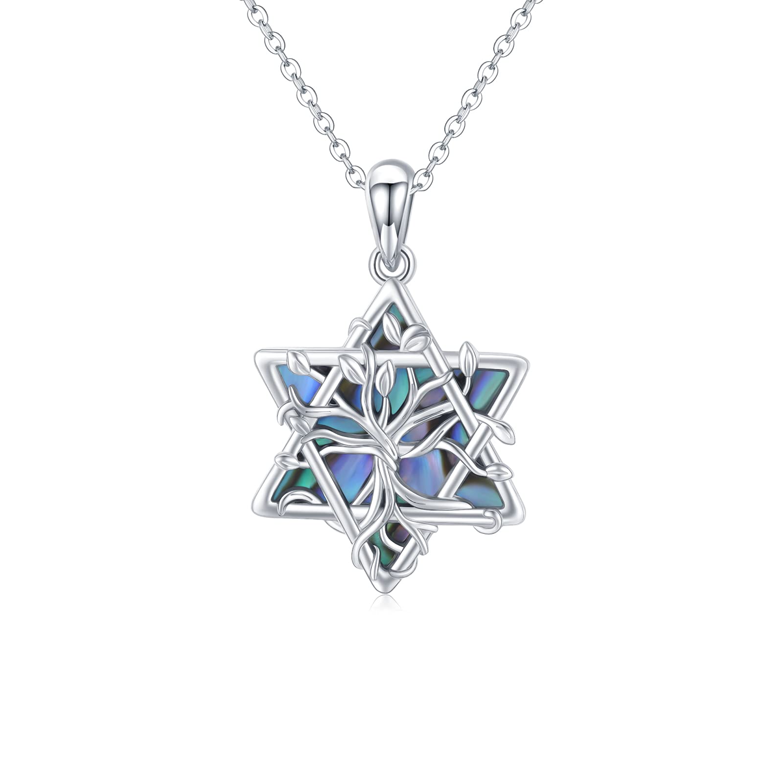 TRISHULA Star of David Necklace, 925 Sterling Silver Tree of Life Six-Pointed Star Pendant Ideal Religious Lucky Jewelry Gift for Women Girls Christmas Thanksgiving