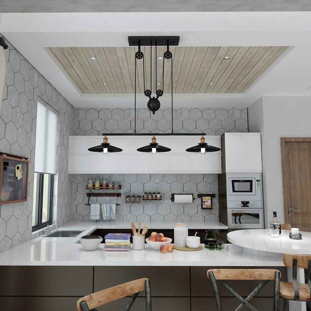 WINSOON Industrial Pendant Light, Pulley Light Fixture, Retro Steampunk Hanging Lamp, Adjustable Vintage Kitchen Island Over The Sink 2-Head Lights, Matte Black Painted