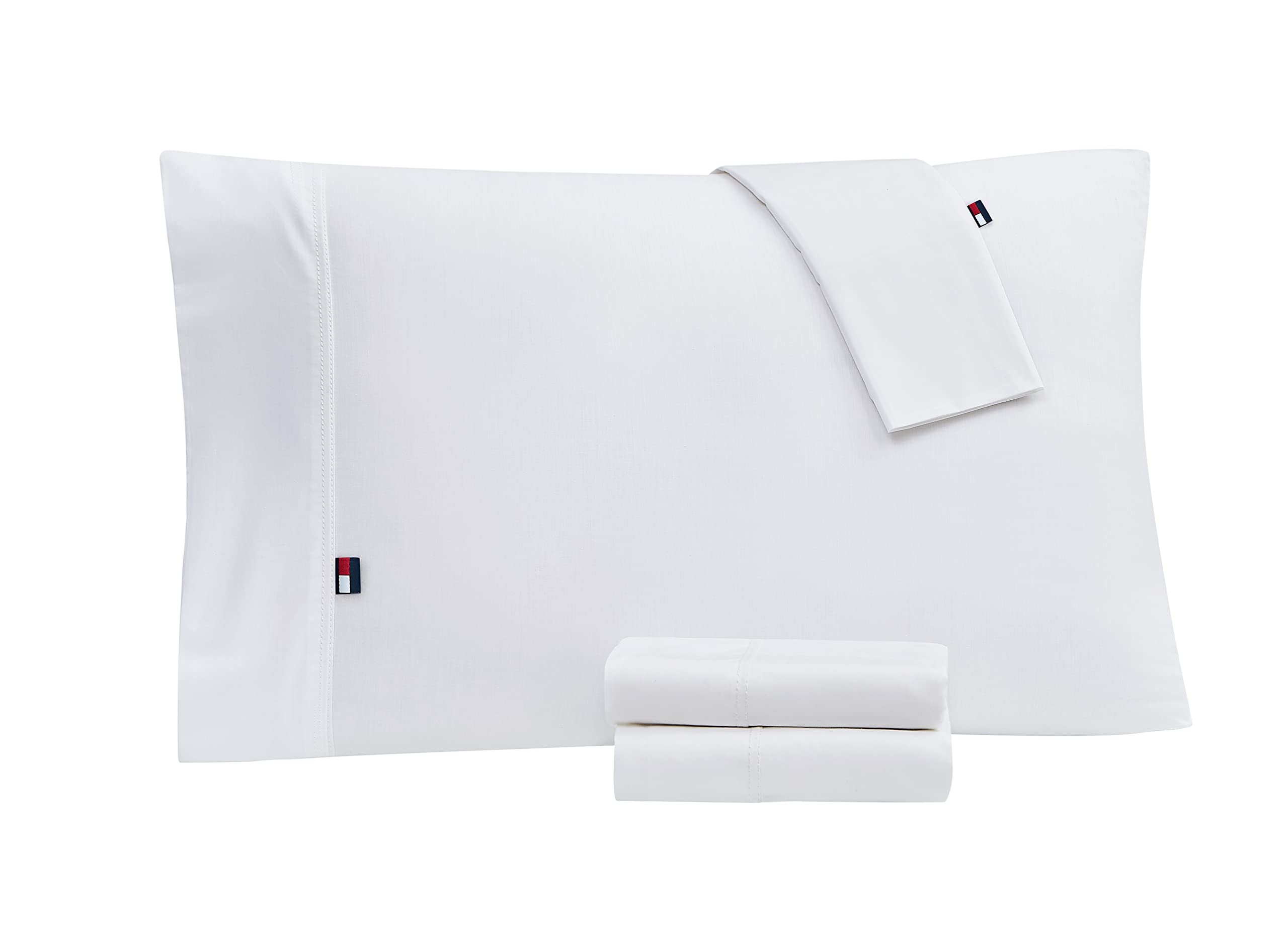 Tommy Hilfiger Signature Solid Sheeting 200 TC Set of 4 Sheet Set - 1 Flat Sheet, 1 Fitted Sheet & 2 Pillowcases, Full Size, 100% Cotton (White)
