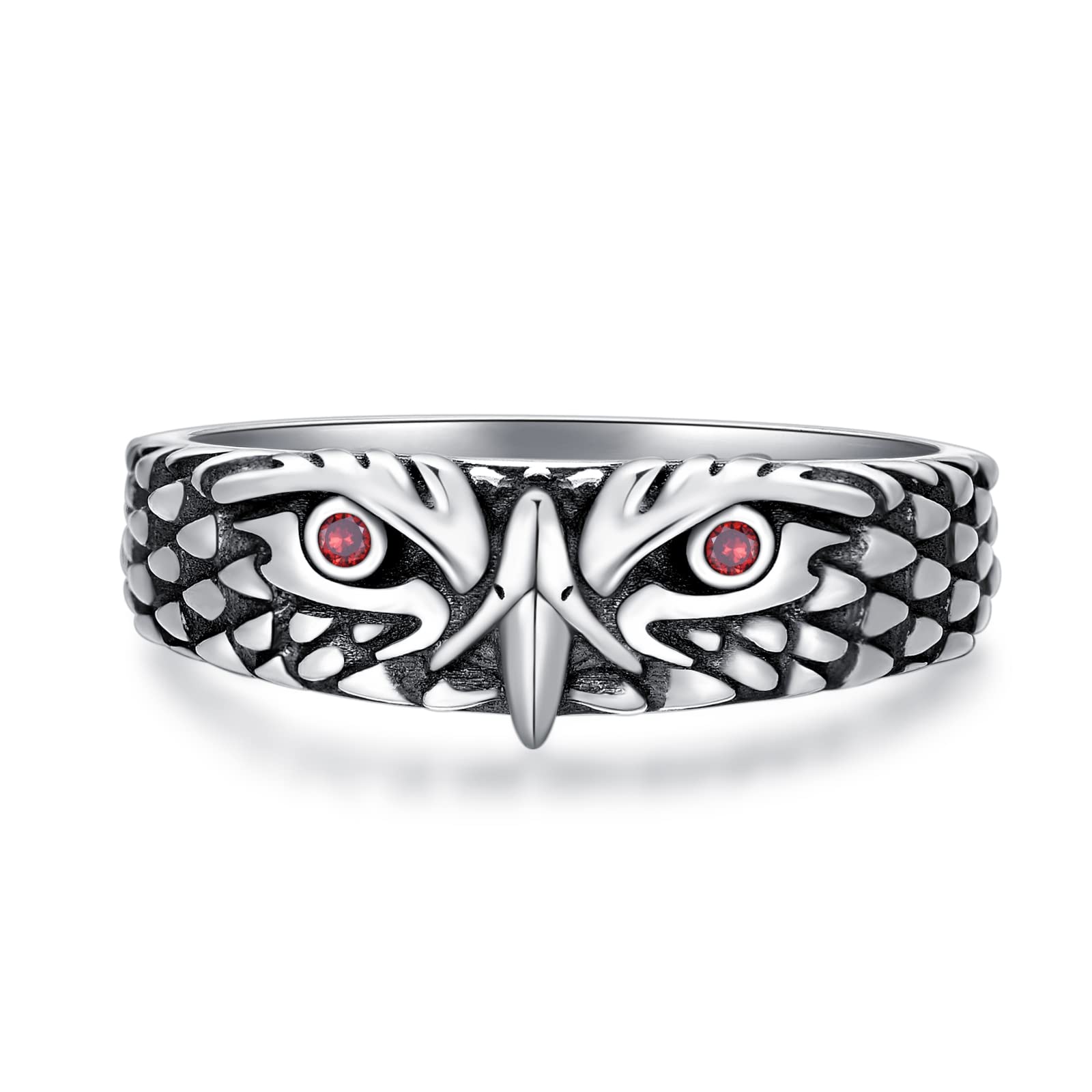 Viking Owl Ring 925 Sterling Silver Hawk Eye Ring Oxidized with Red Zircons Vintage Norse Jewelry Gift for Women Men