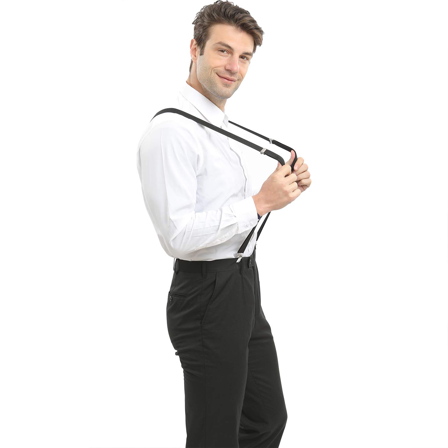 Wizland Men's Suspender Adult Suspender Solid Straight Clip Adjustable Suspender Wide Band with Heavy Duty Metal Clips Y-White Gray