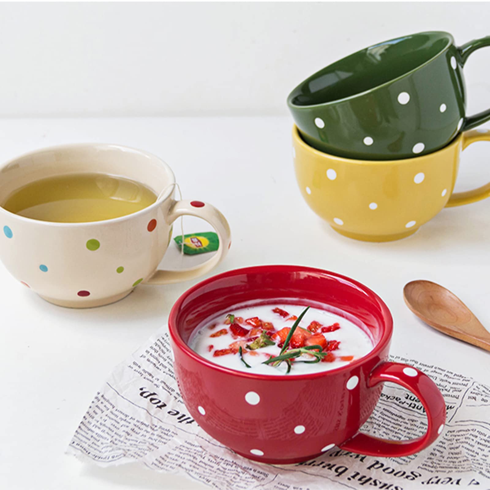 Youeon Set of 2 Jumbo Coffee and Soup Mug Set, 16 Oz Porcelain Oatmeal Mug with Lid and Spoon, Large Cereal Mugs, Multi Purpose Wide Mug for Breakfast, Cereal, Milk, Coffee, Hot Cocoa, Fruit